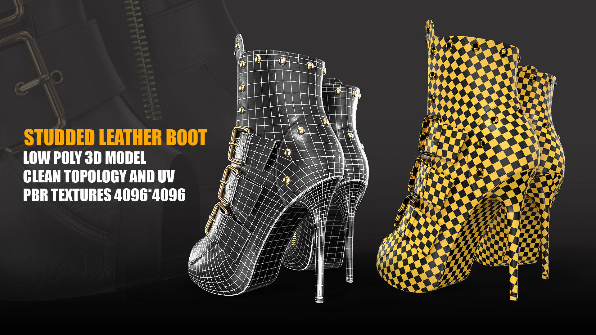 3D model Studded Leather Boot Low-poly 3D model PBR Textures VR / AR ...