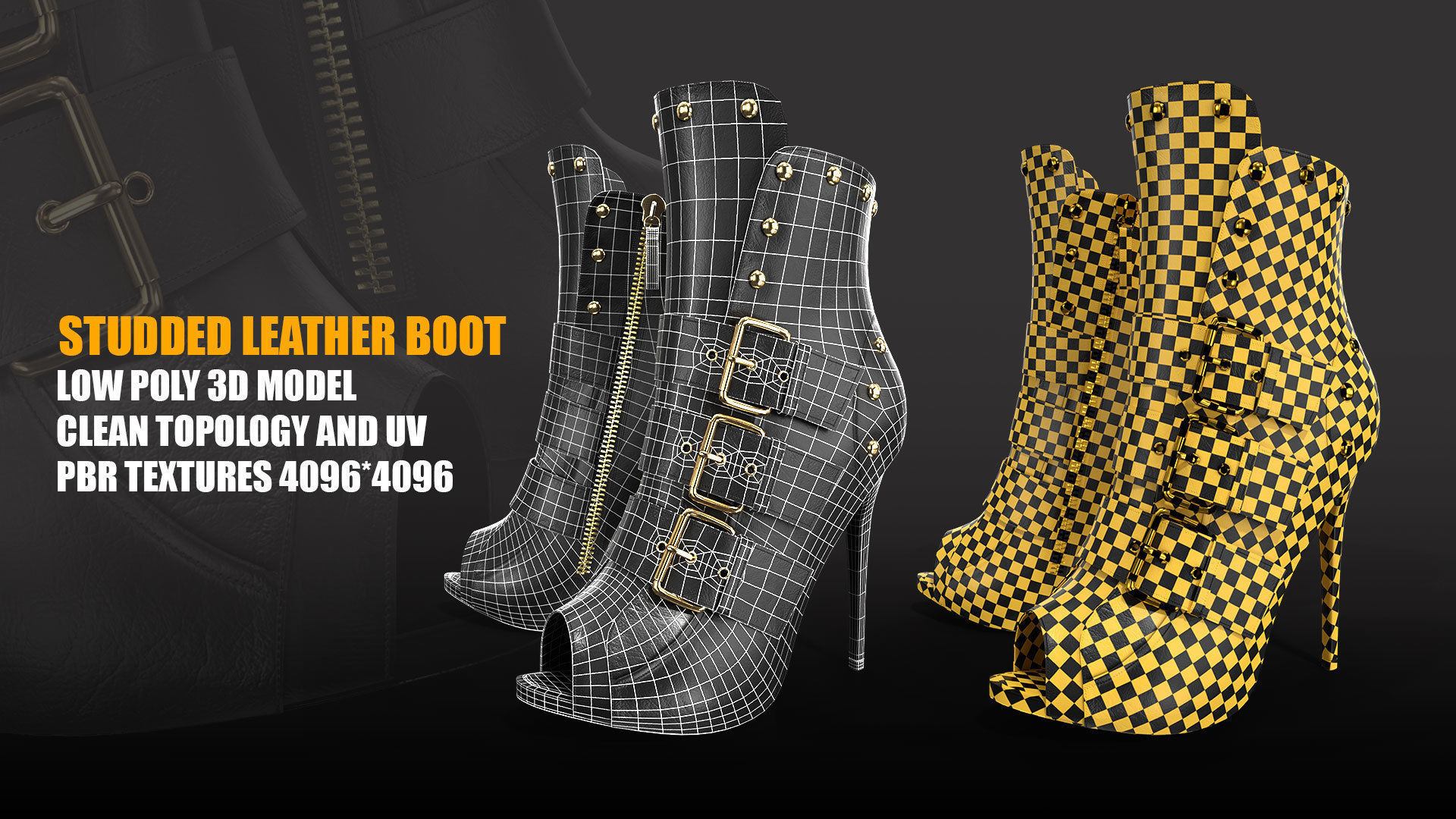 3D model Studded Leather Boot Low-poly 3D model PBR Textures VR / AR ...