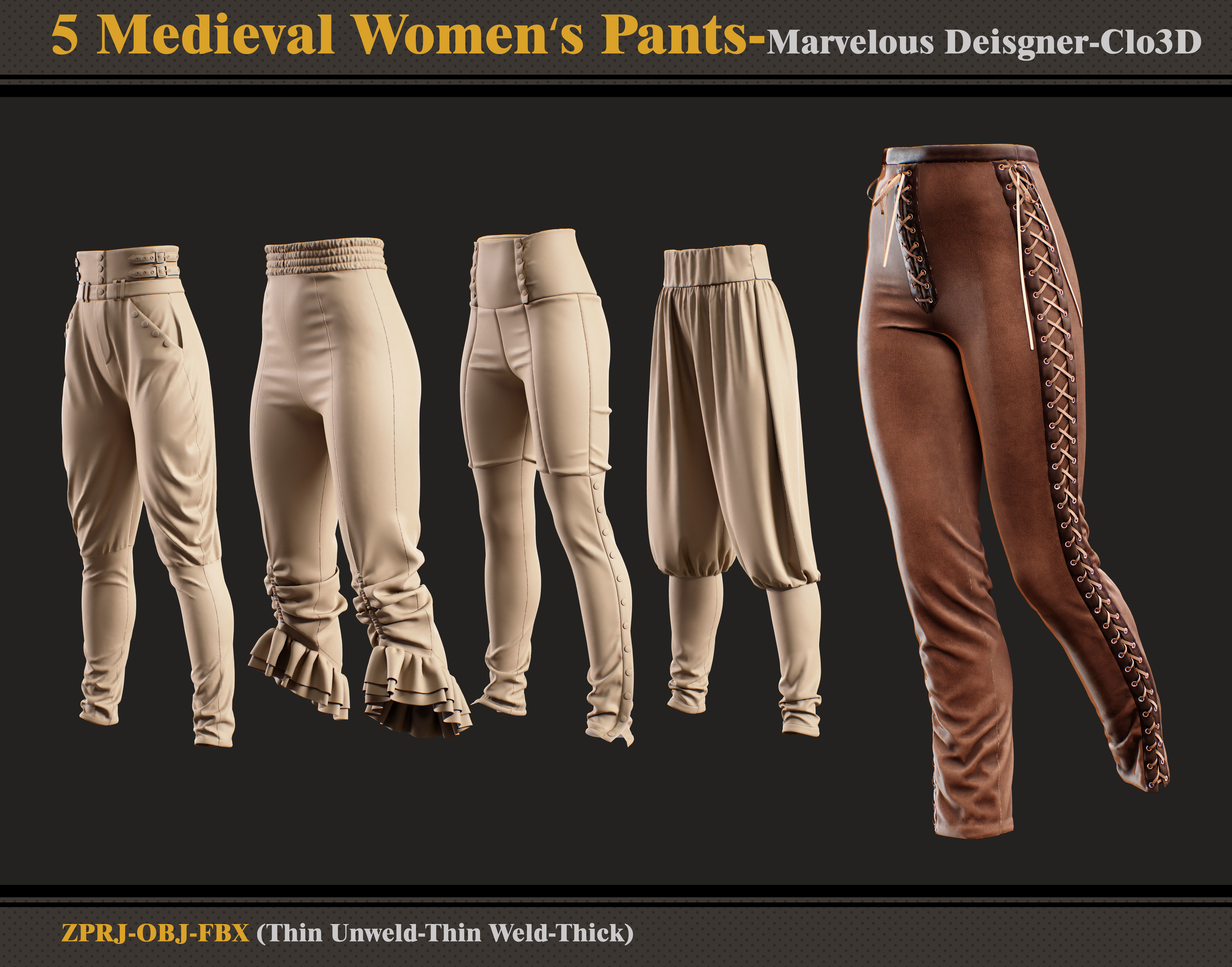 5 Medieval Women Pants-MD-Clo3D-obj-fbx 3D model | CGTrader
