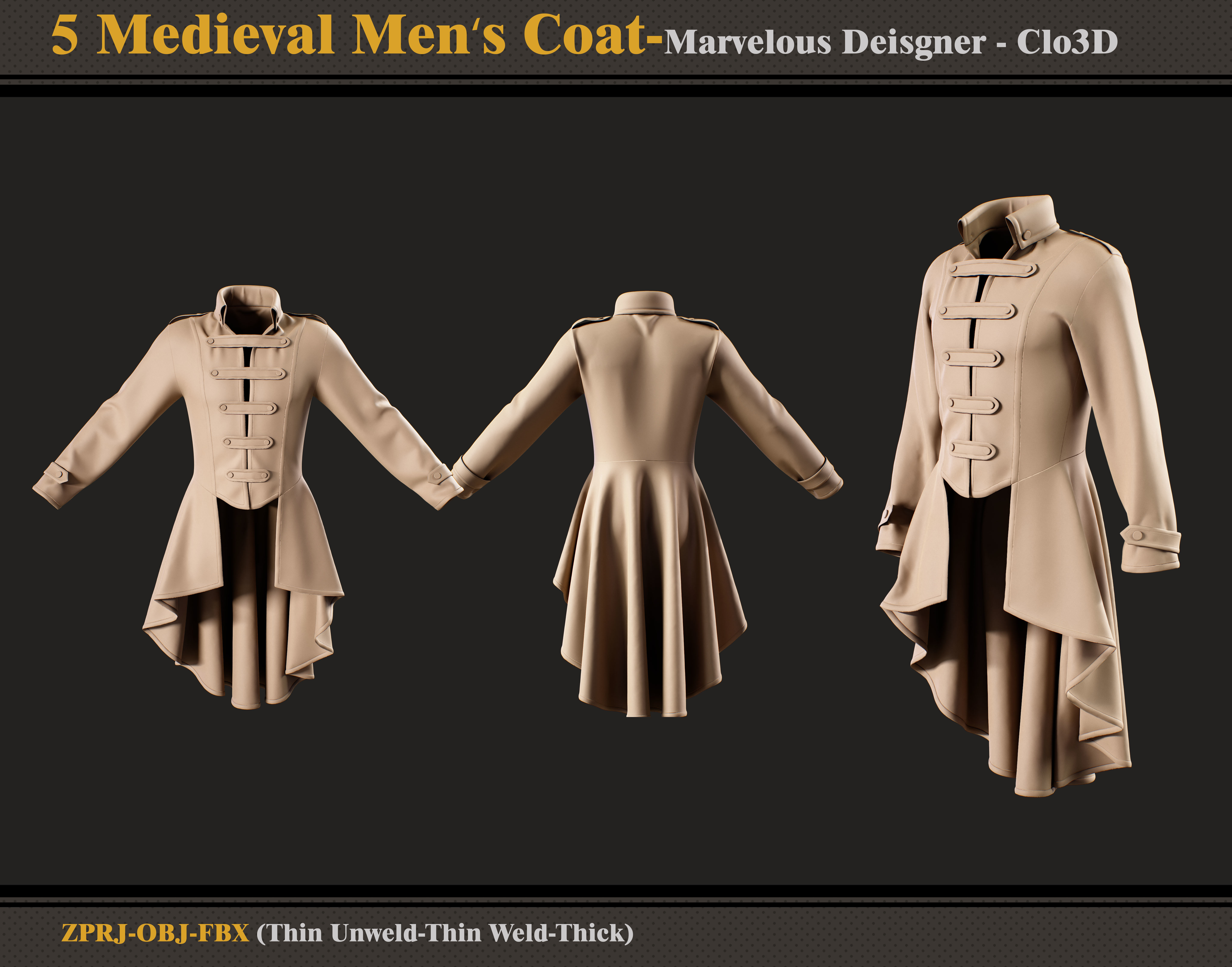5 Medieval Men Coat-MD-Clo3D-ZPRJ - FBX - OBJ 3D model | CGTrader
