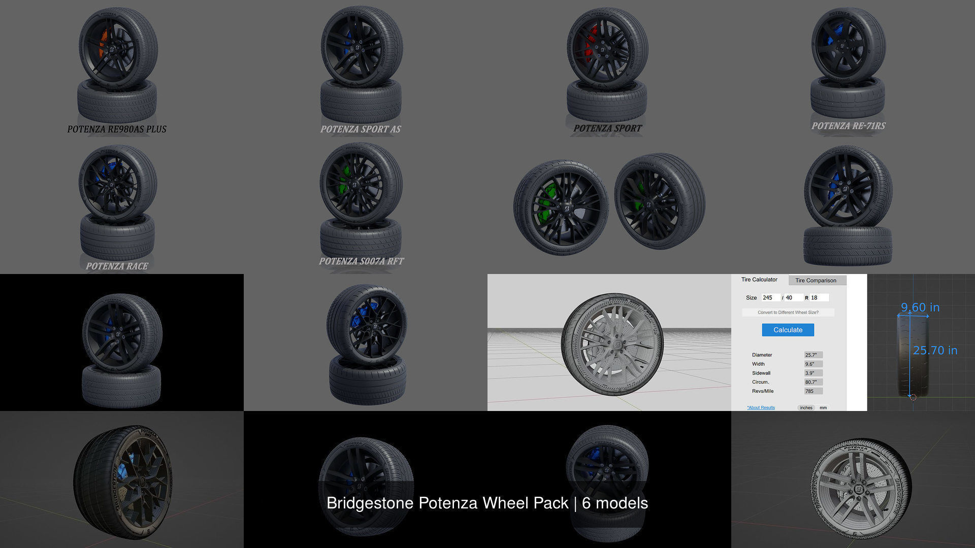 3D Model Collection Bridgestone Potenza Wheel Pack VR / AR / low-poly ...
