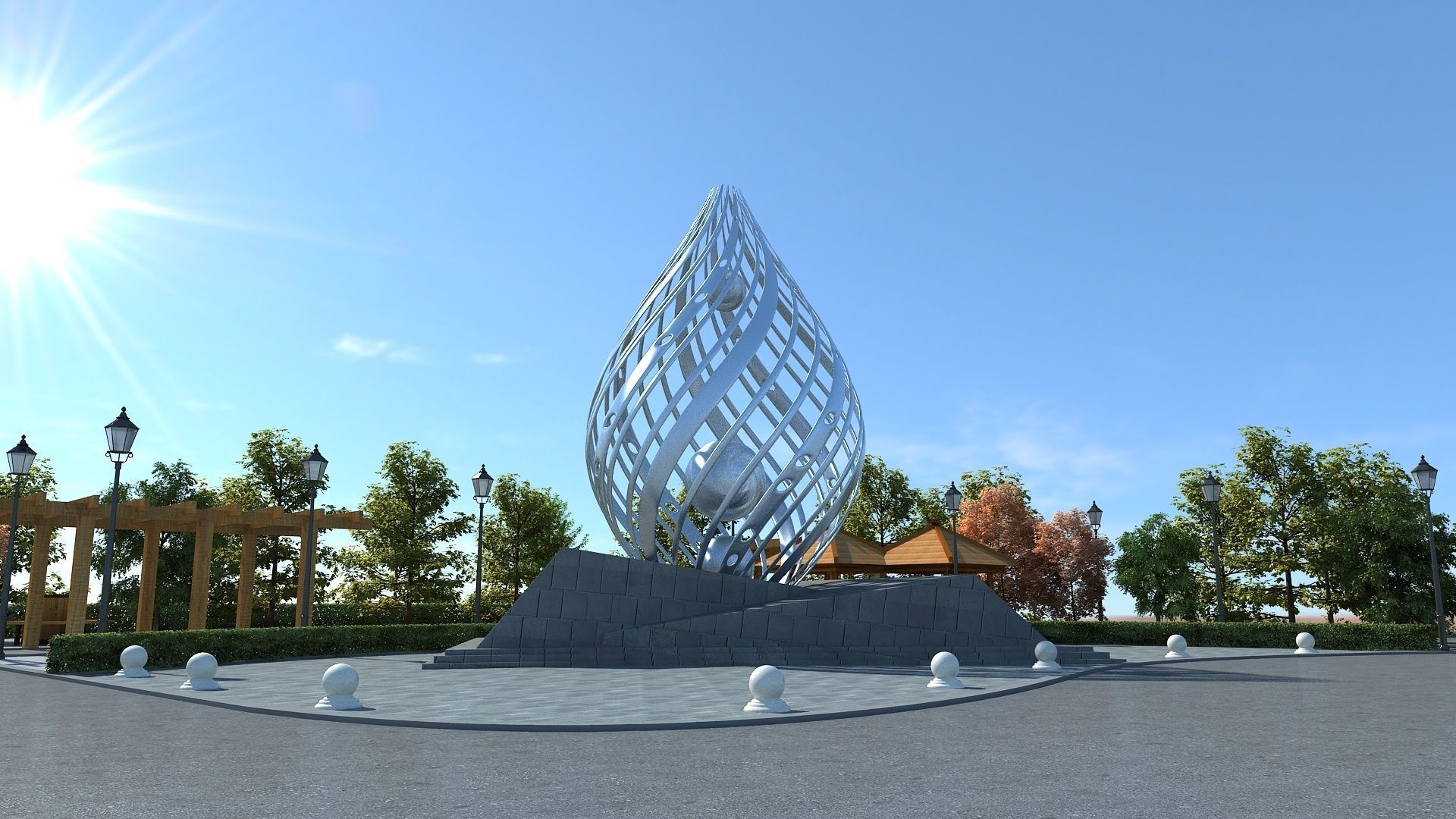 Realistic plaza sculptural building animated scene 3D model | CGTrader