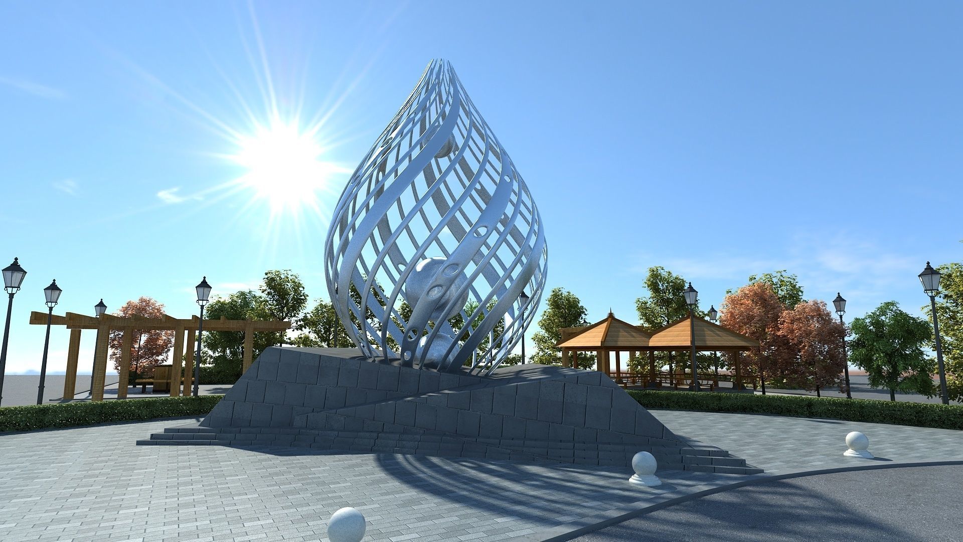 Realistic plaza sculptural building animated scene 3D model | CGTrader