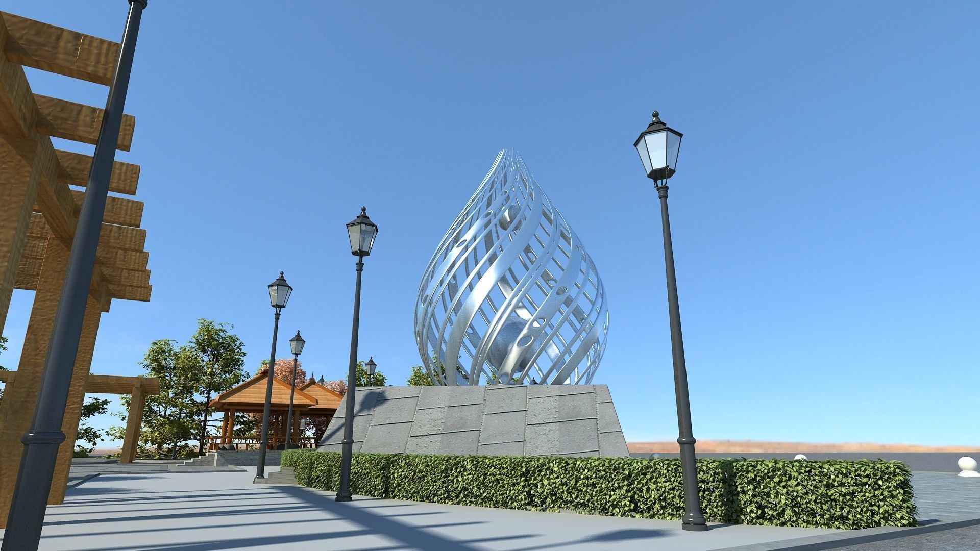 Realistic plaza sculptural building animated scene 3D model | CGTrader