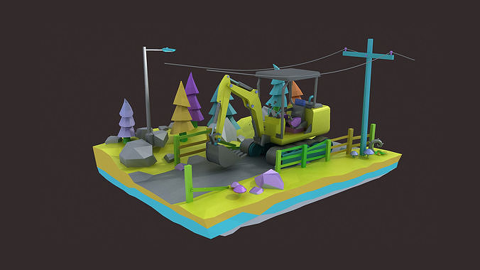Cartoon diggers Low Poly Excavator 3D model | CGTrader