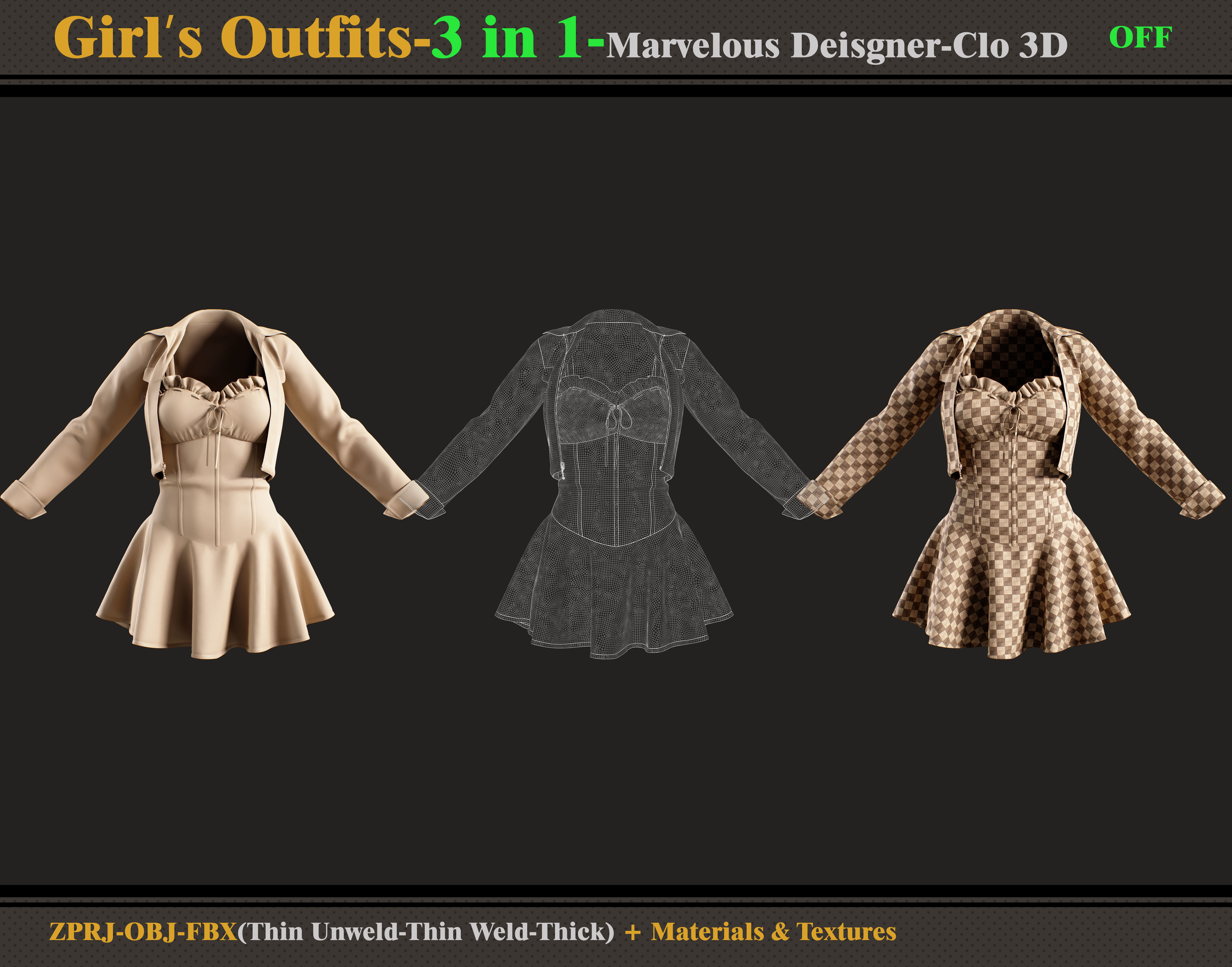 3 in 1 Girls Outfits- MD-Clo3d -OBJ - FBX -Materials-Textures 3D model ...