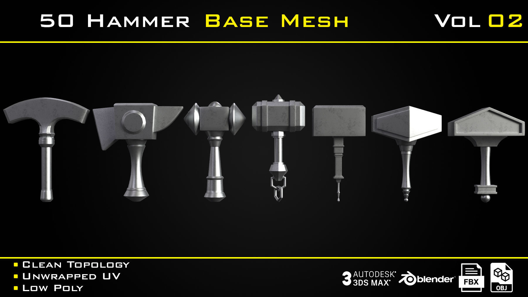 3D model 50 Hammer BASE MESH - VOL 02 Game Ready VR / AR / low-poly ...