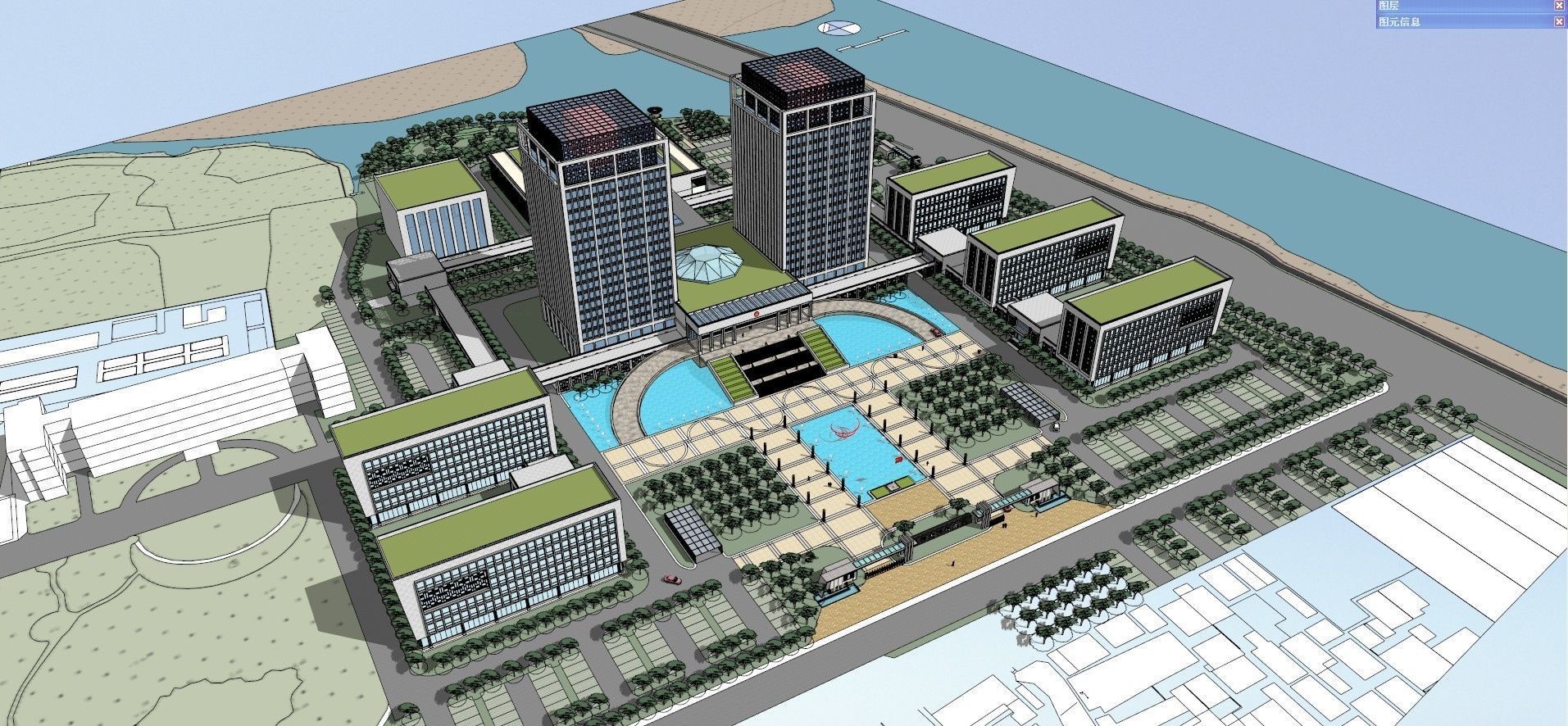 SU model of government center office building and its square 3D model ...