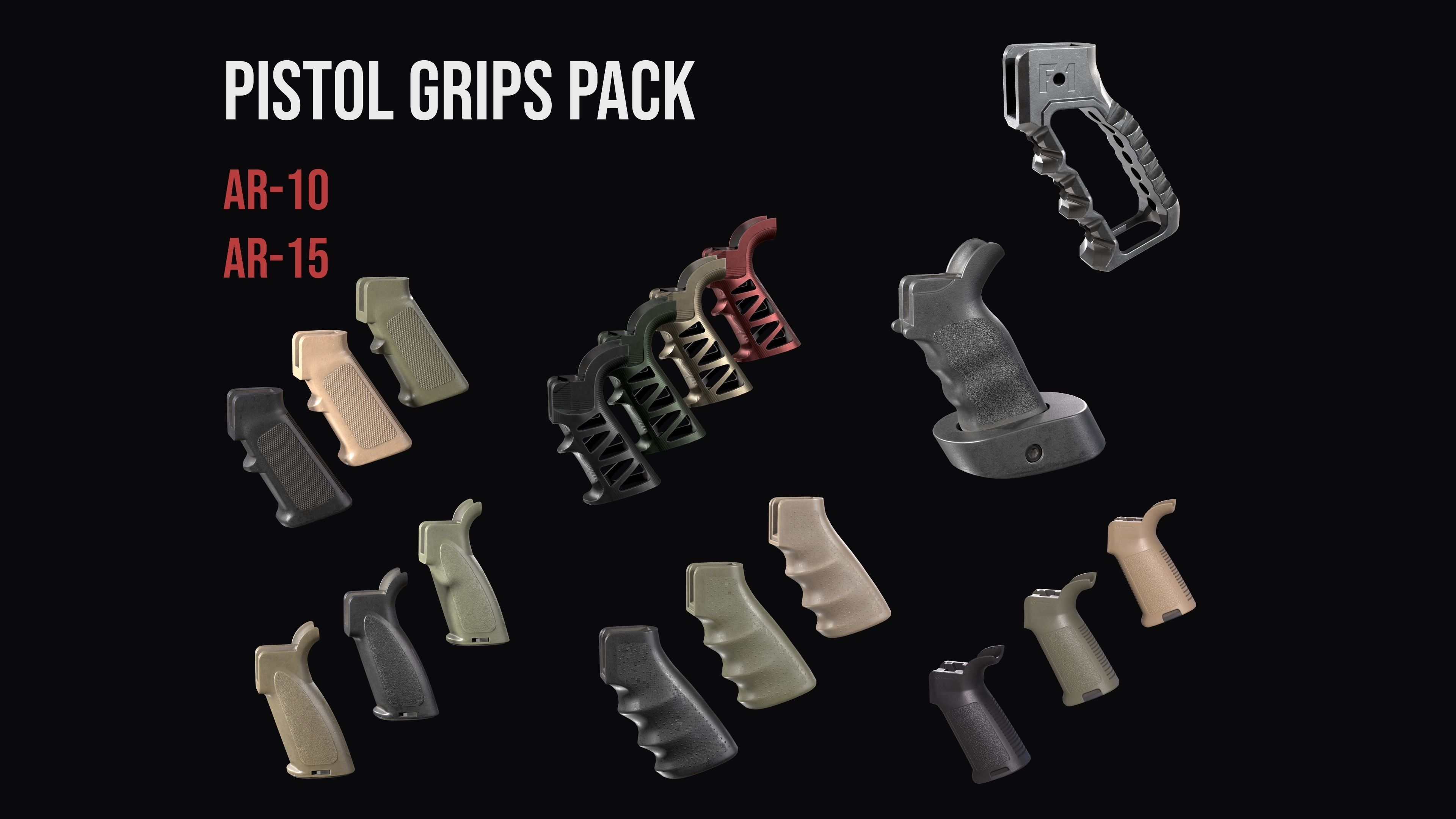 3D Model Collection AR 10 AR 15 pistol grips pack VR / AR / low-poly ...