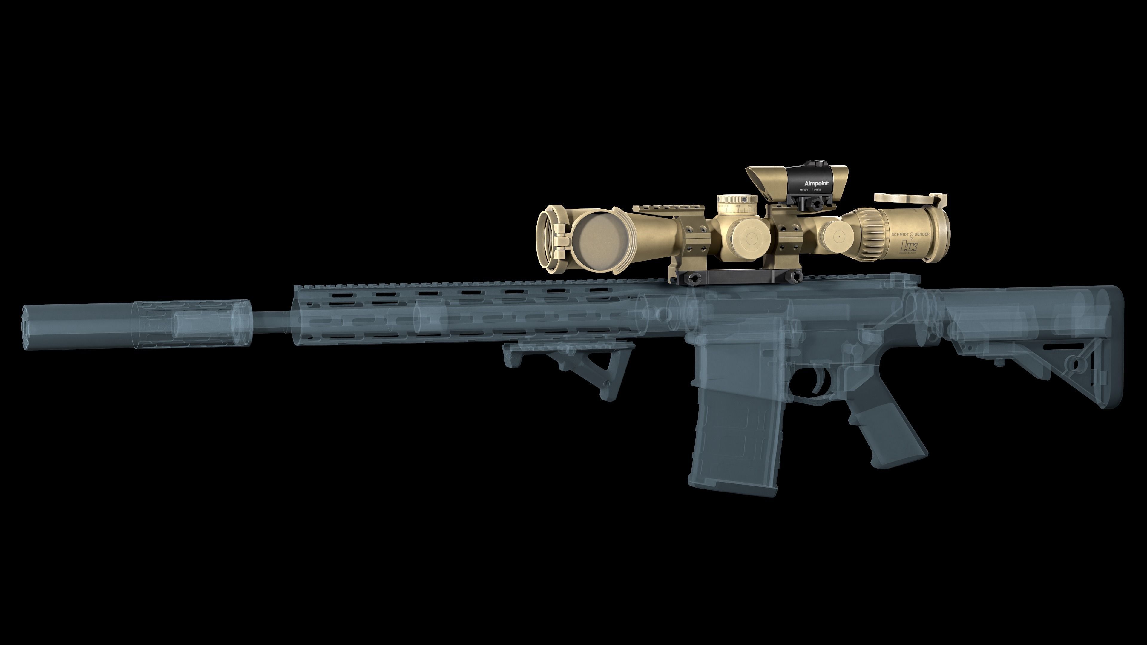 3D model Rifle scope SCHMIDT BENDER 3-20 with Red Dot aimpoint Micro H2 ...