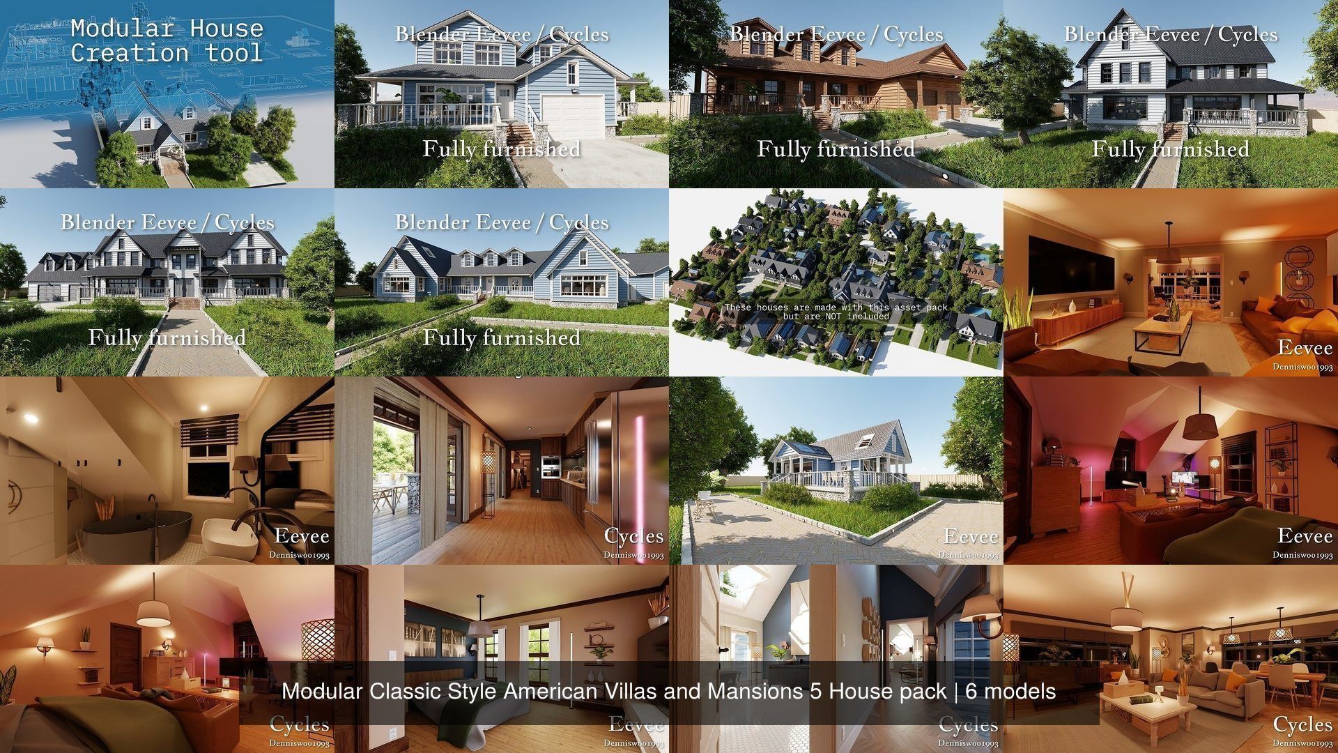 3D Model Collection Modular Classic Style American Villas and Mansions 5 House pack VR / AR ...