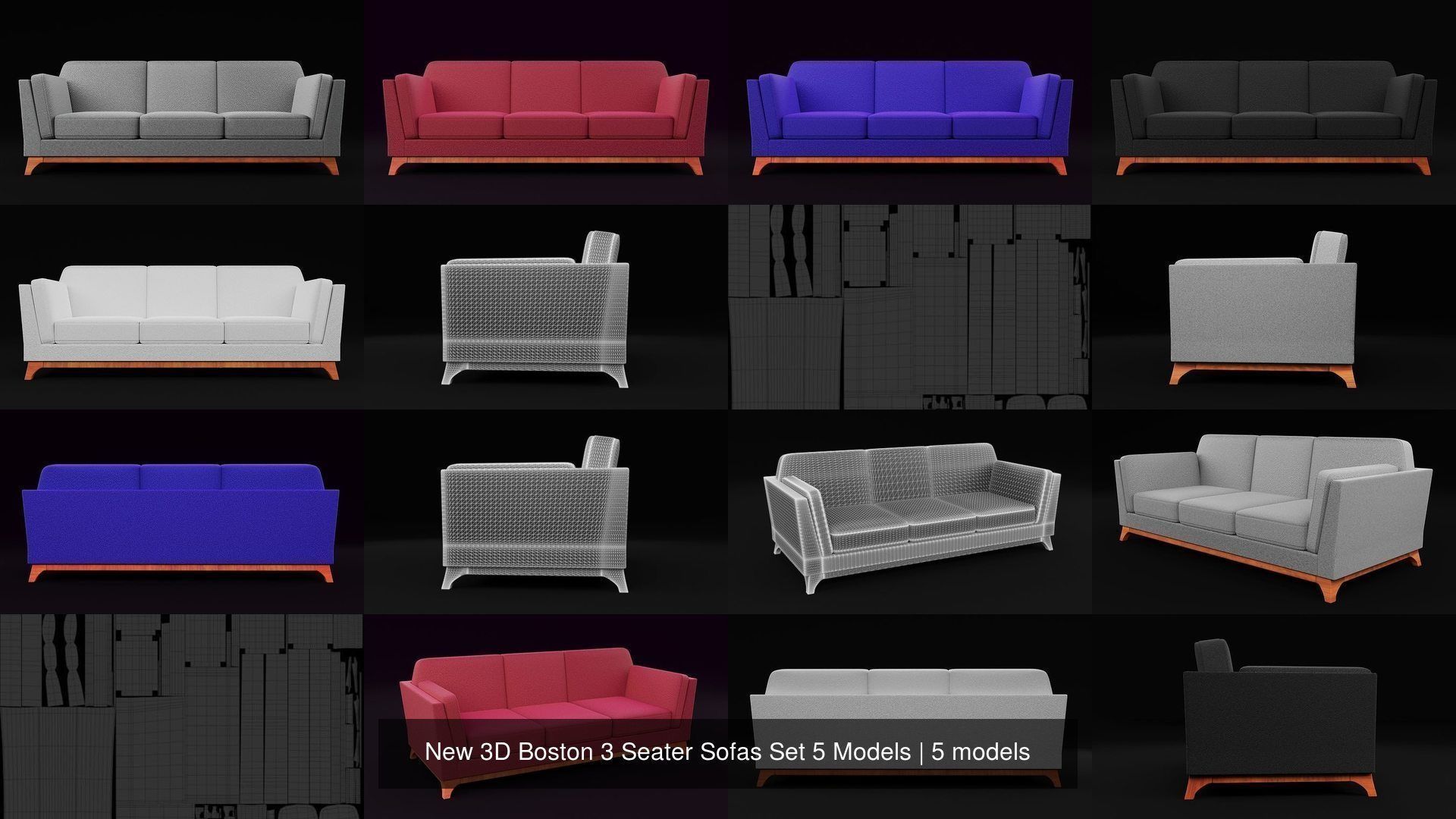 3D Model Collection New 3D Boston 3 Seater Sofas Set 5 Models VR / AR / low-poly | CGTrader
