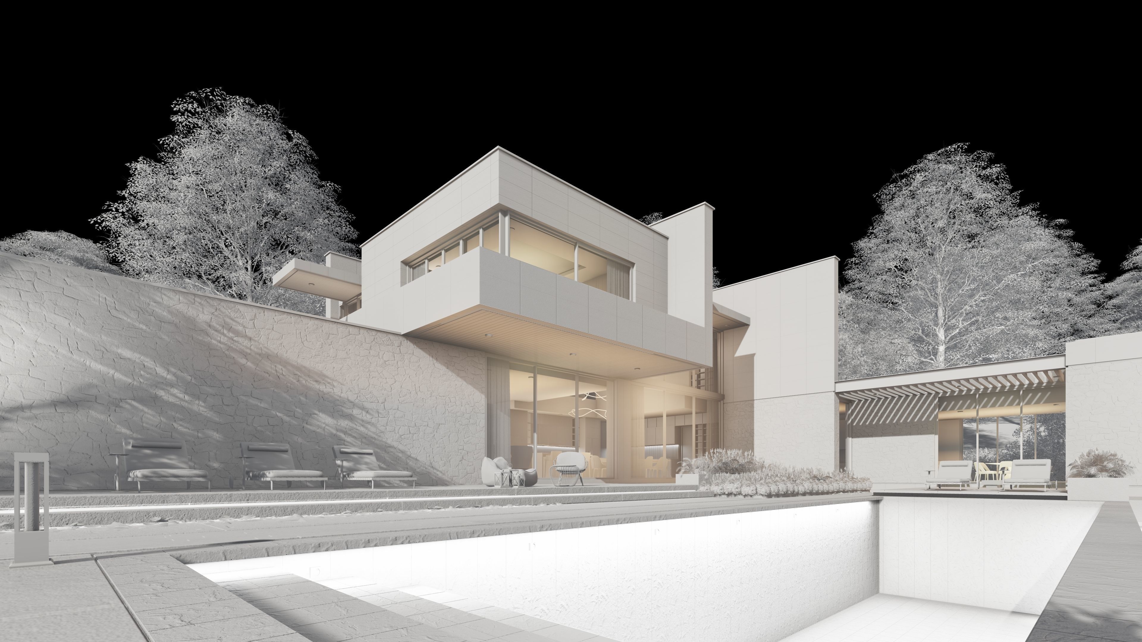 Modern Hill House Exterior Scene with kitchen bedroom furniture 3D ...