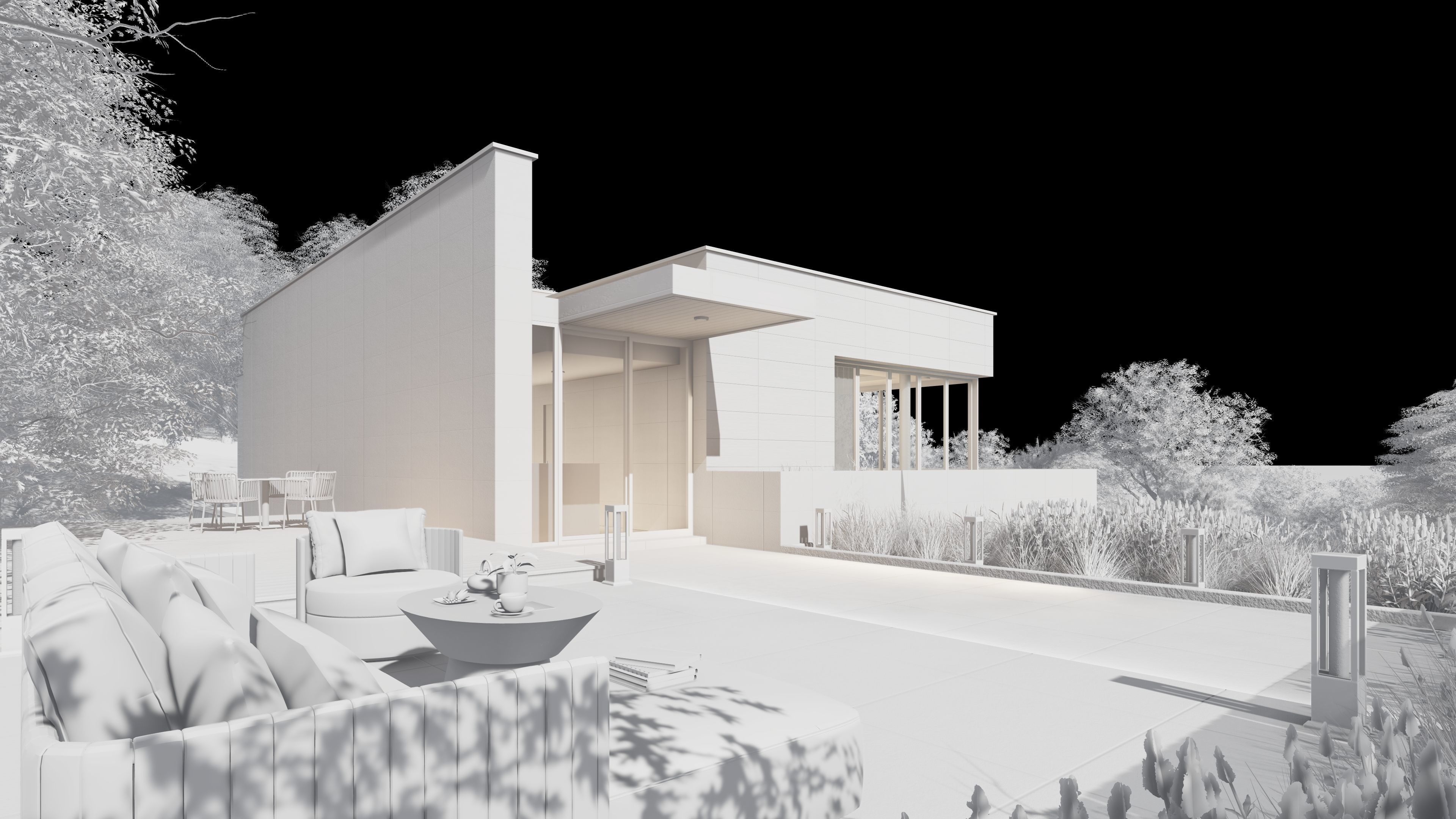 Modern Hill House Exterior Scene with kitchen bedroom furniture 3D ...