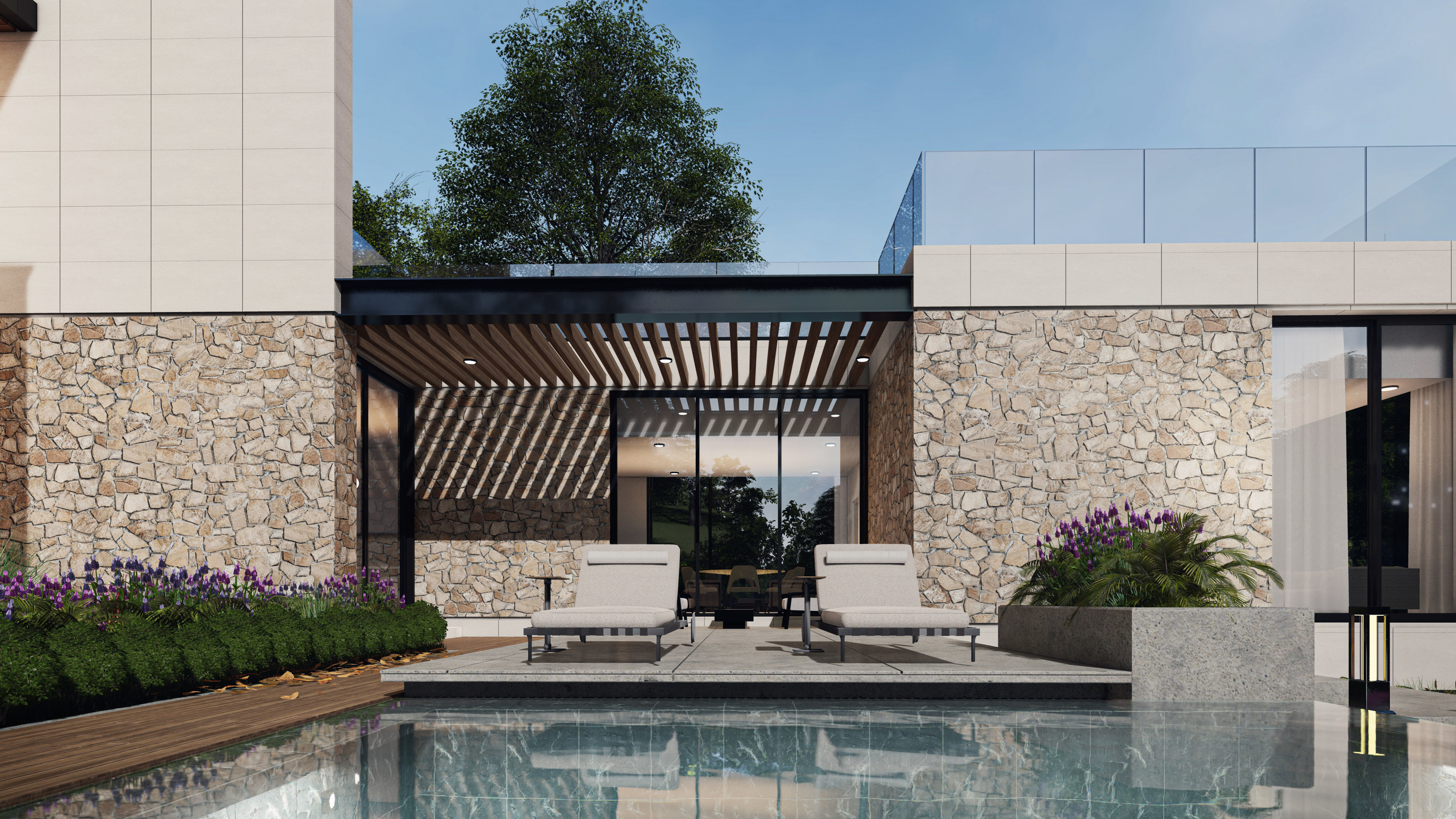 Modern Hill House Exterior Scene with kitchen bedroom furniture 3D ...