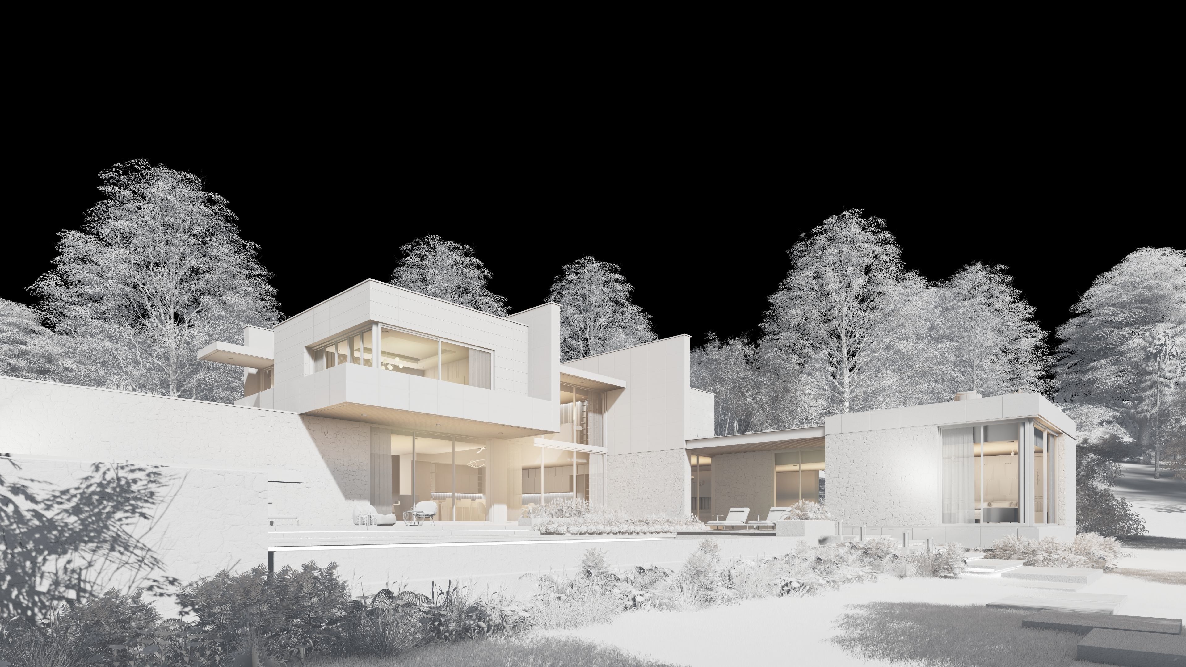 Modern Hill House Exterior Scene with kitchen bedroom furniture 3D ...