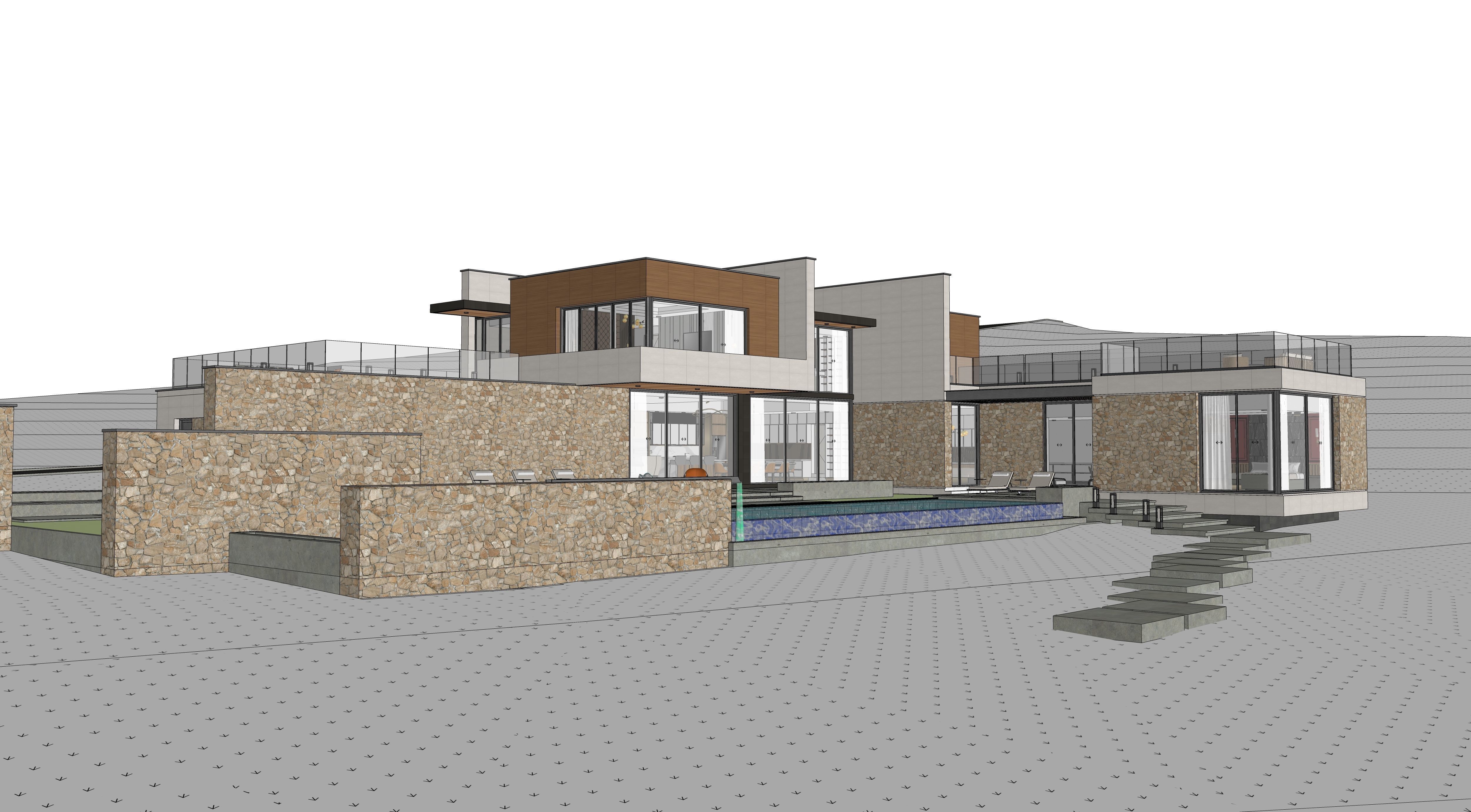 Modern Hill House Exterior Scene with kitchen bedroom furniture 3D ...