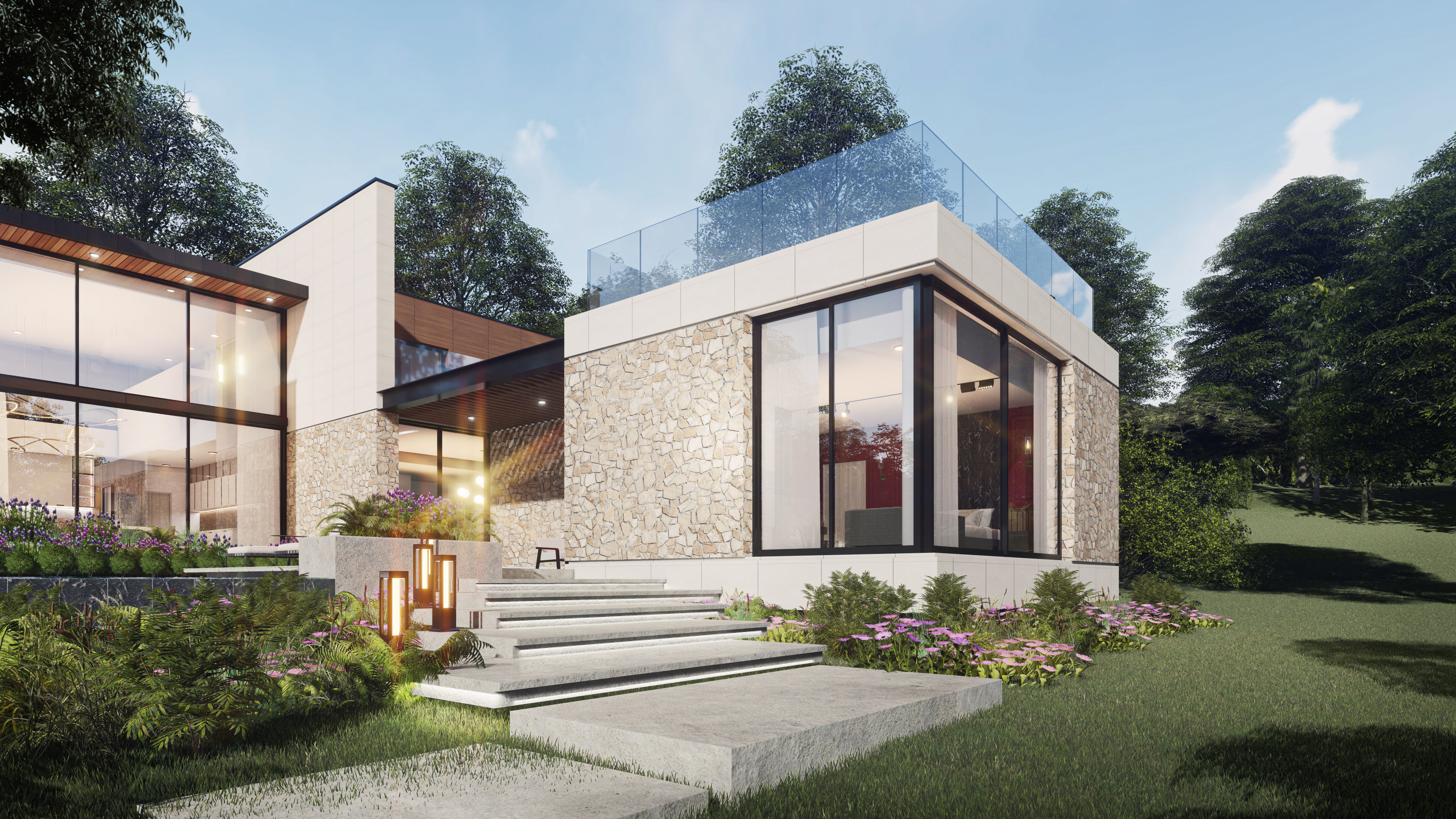 Modern Hill House Exterior Scene with kitchen bedroom furniture 3D ...