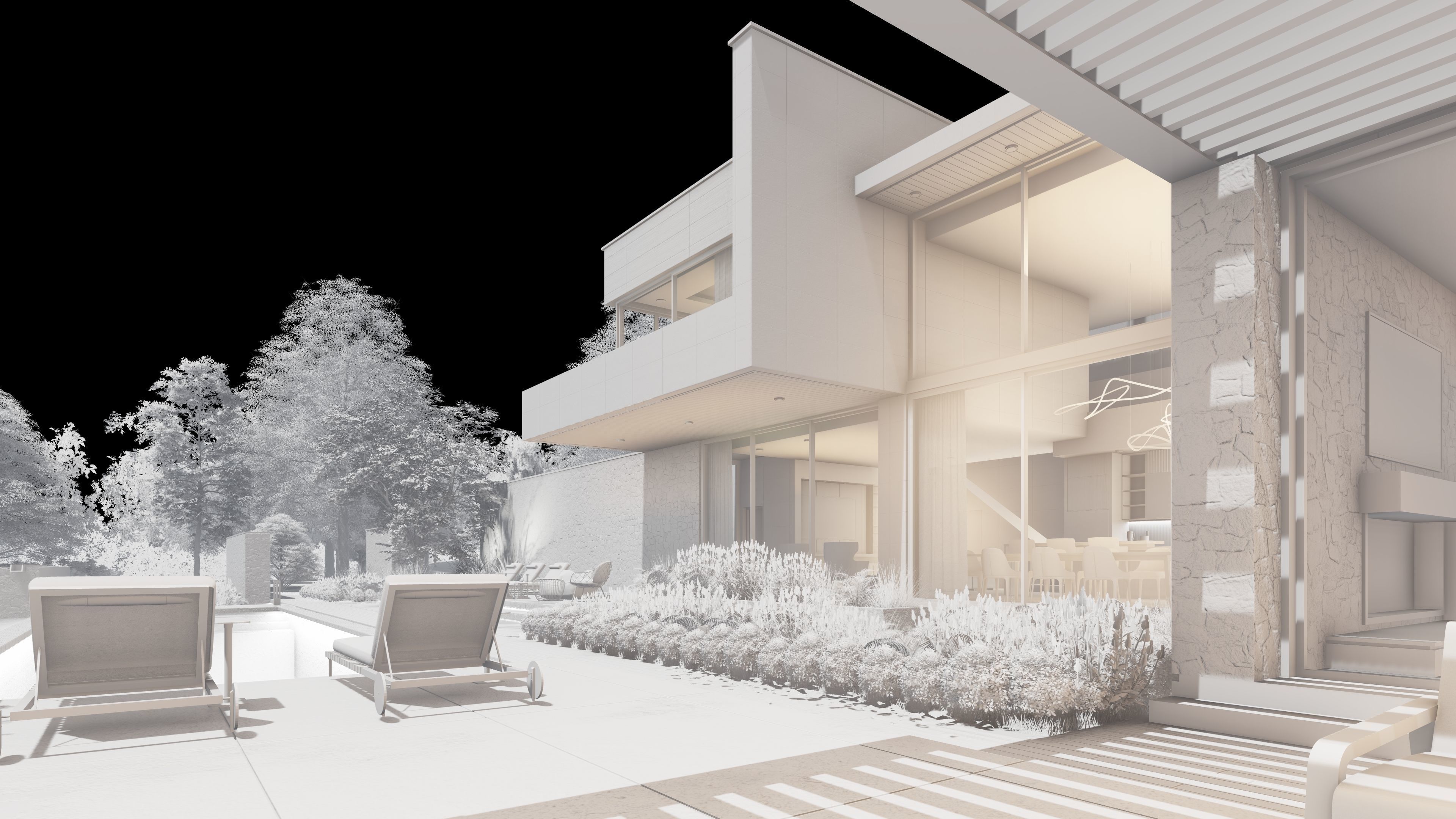 Modern Hill House Exterior Scene with kitchen bedroom furniture 3D ...