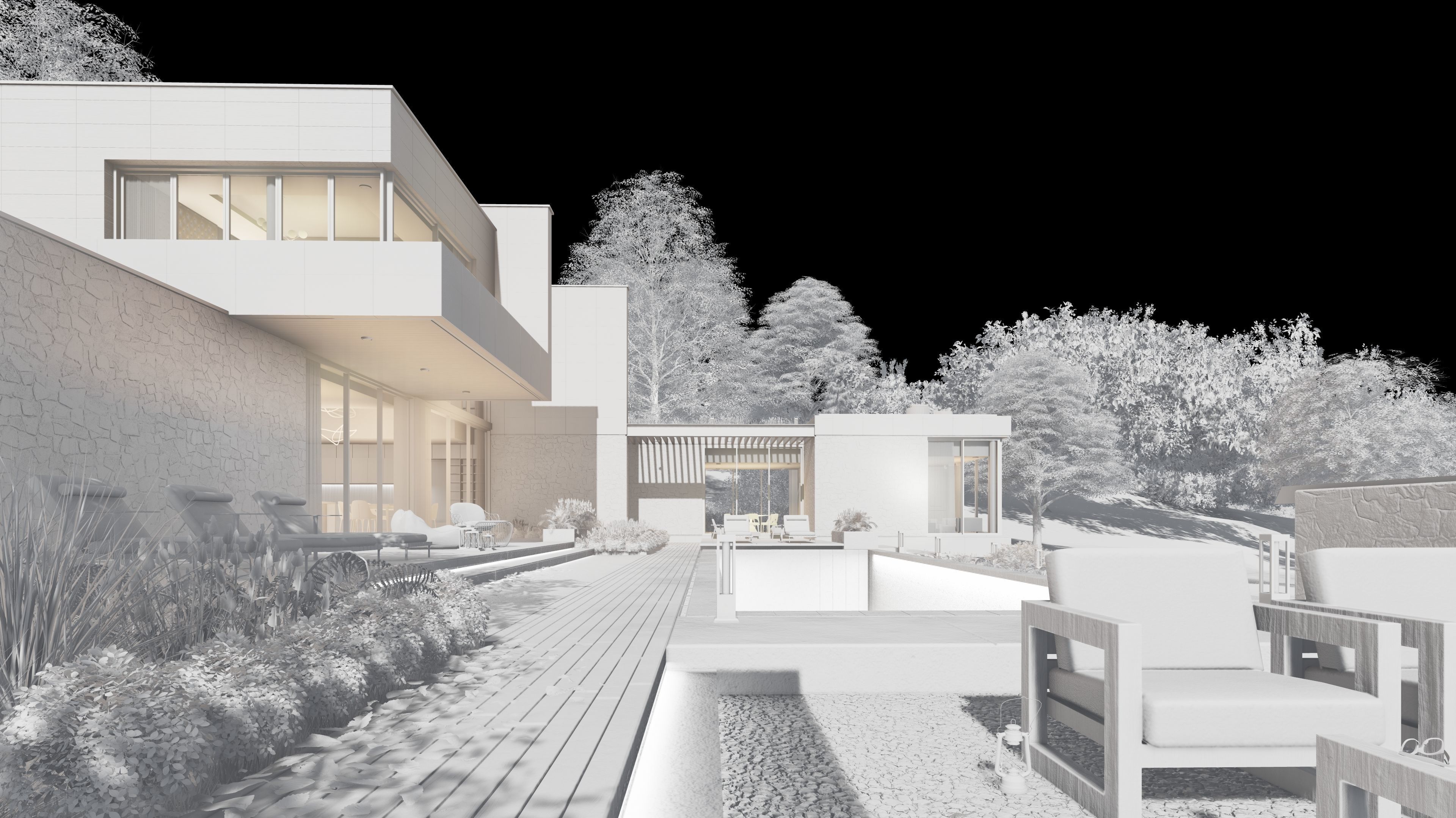 Modern Hill House Exterior Scene with kitchen bedroom furniture 3D ...