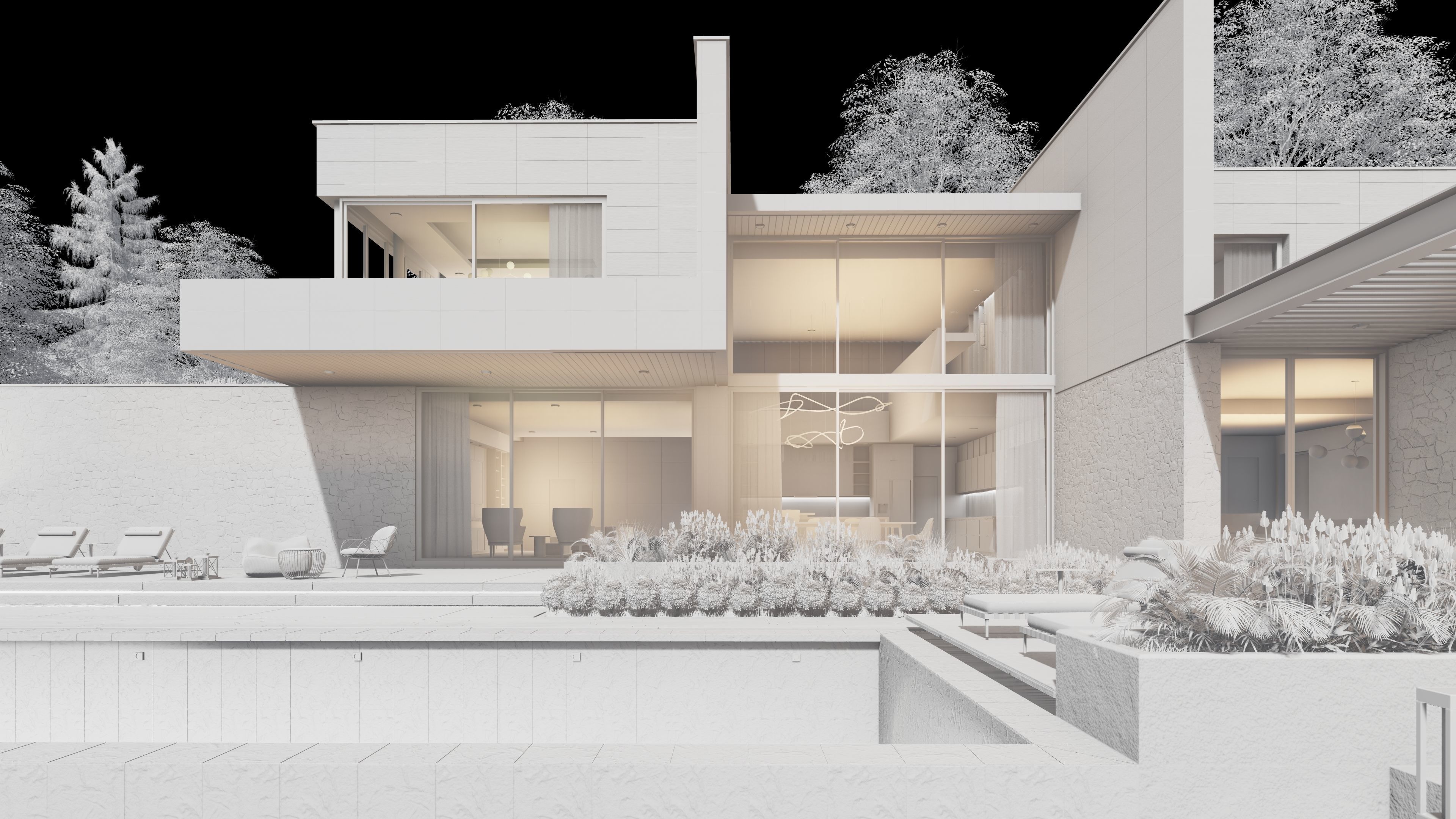 Modern Hill House Exterior Scene with kitchen bedroom furniture 3D ...