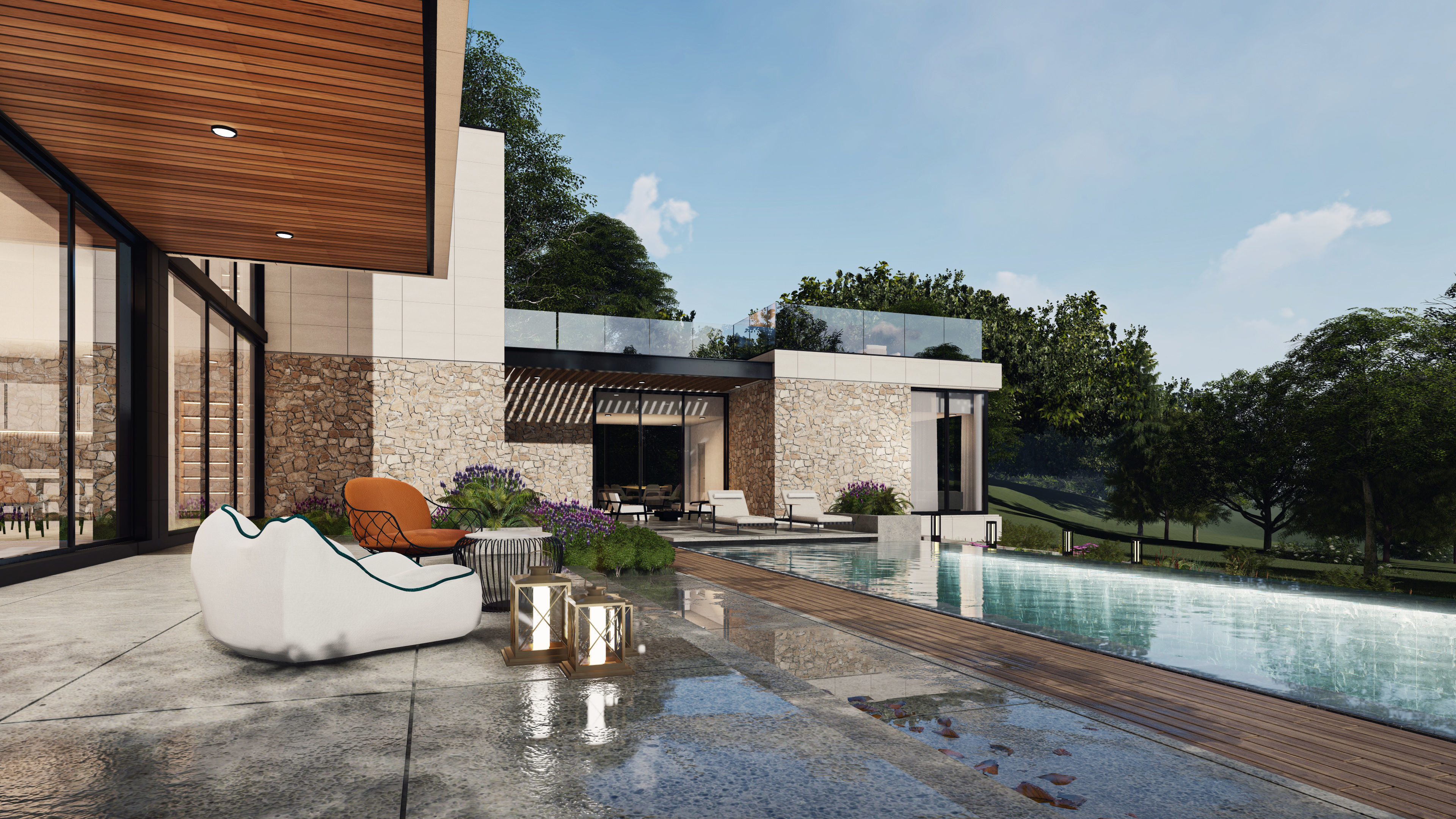 Modern Hill House Exterior Scene with kitchen bedroom furniture 3D ...