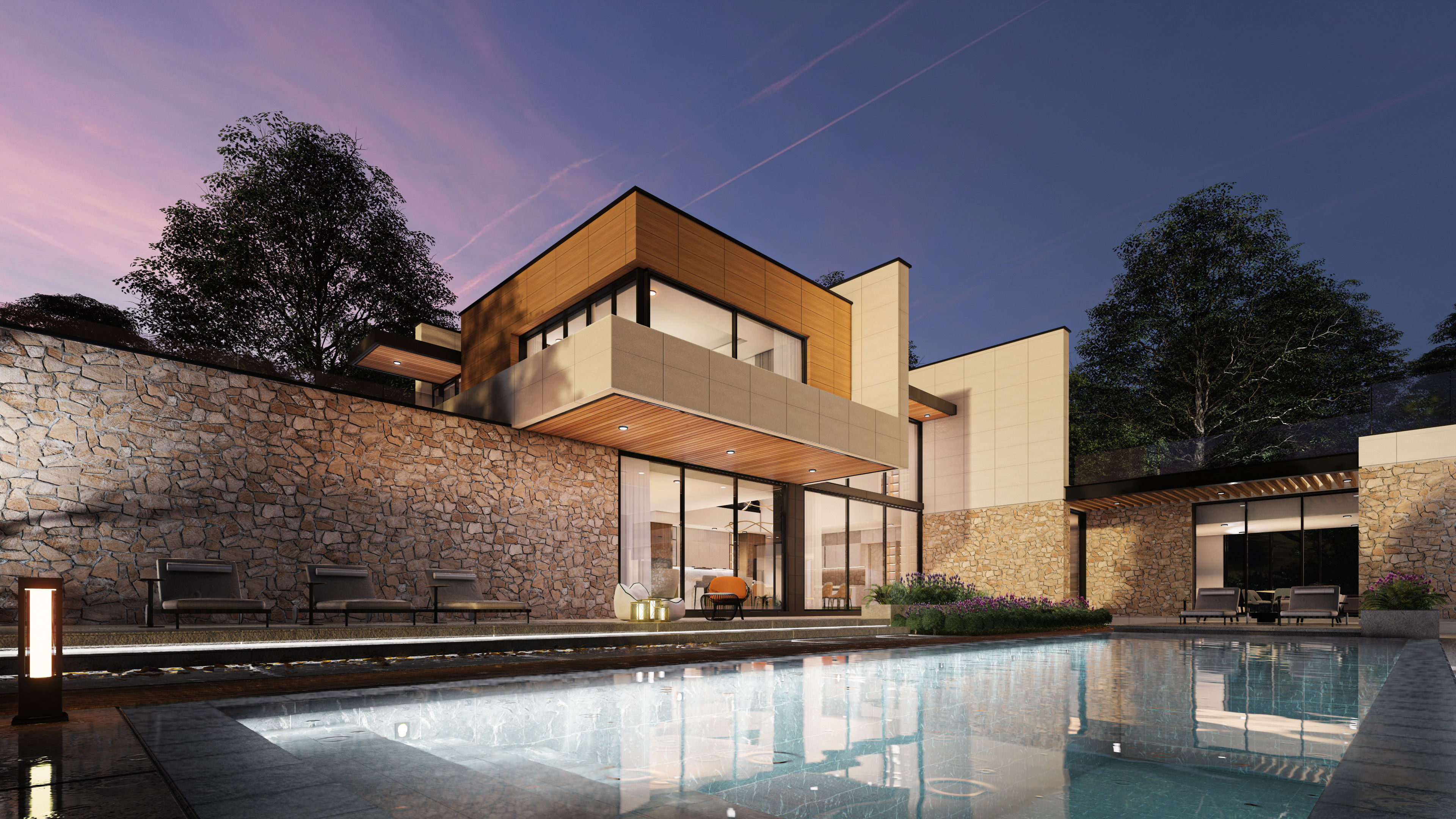 Modern Hill House Exterior Scene with kitchen bedroom furniture 3D ...