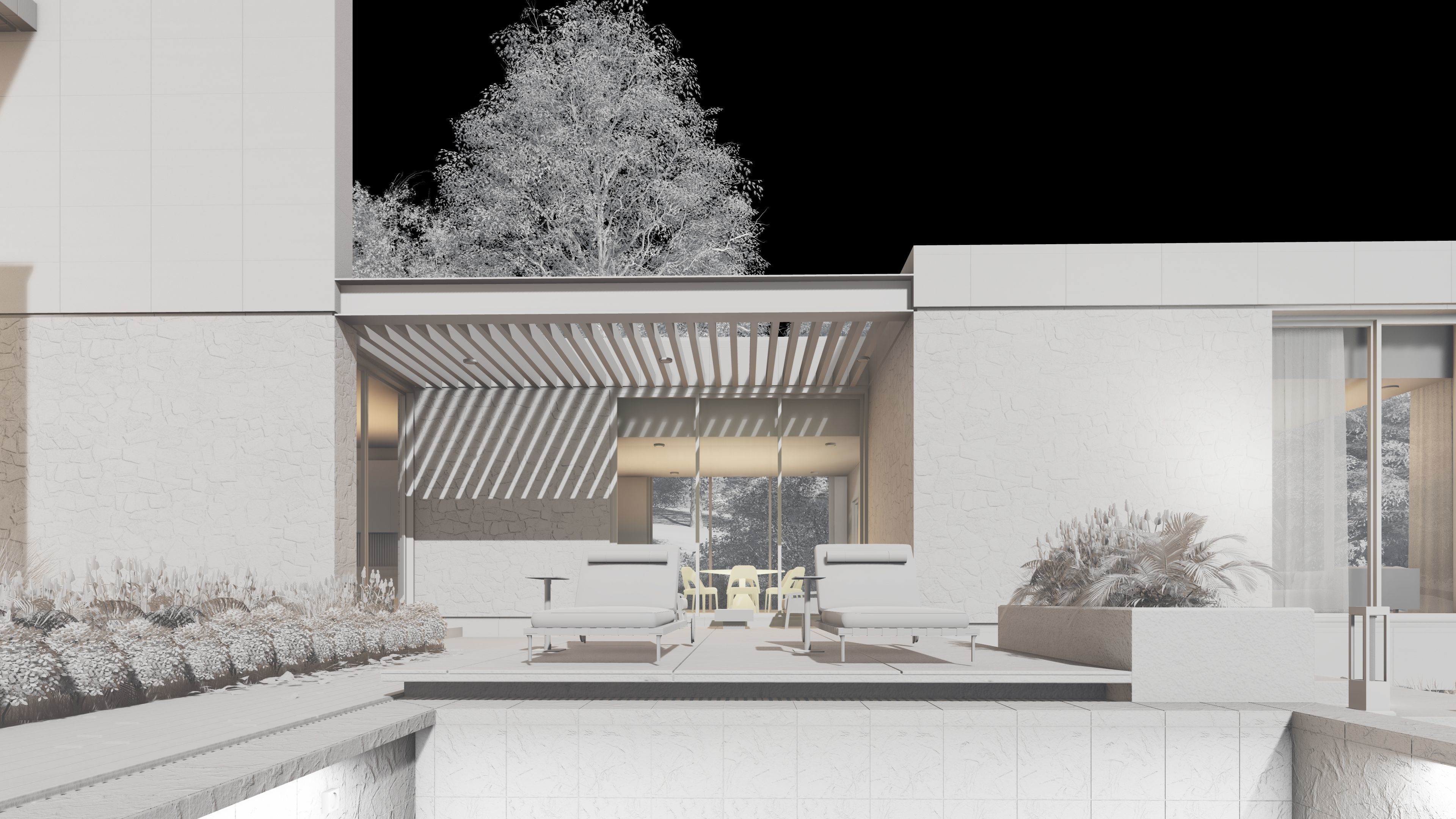 Modern Hill House Exterior Scene with kitchen bedroom furniture 3D ...