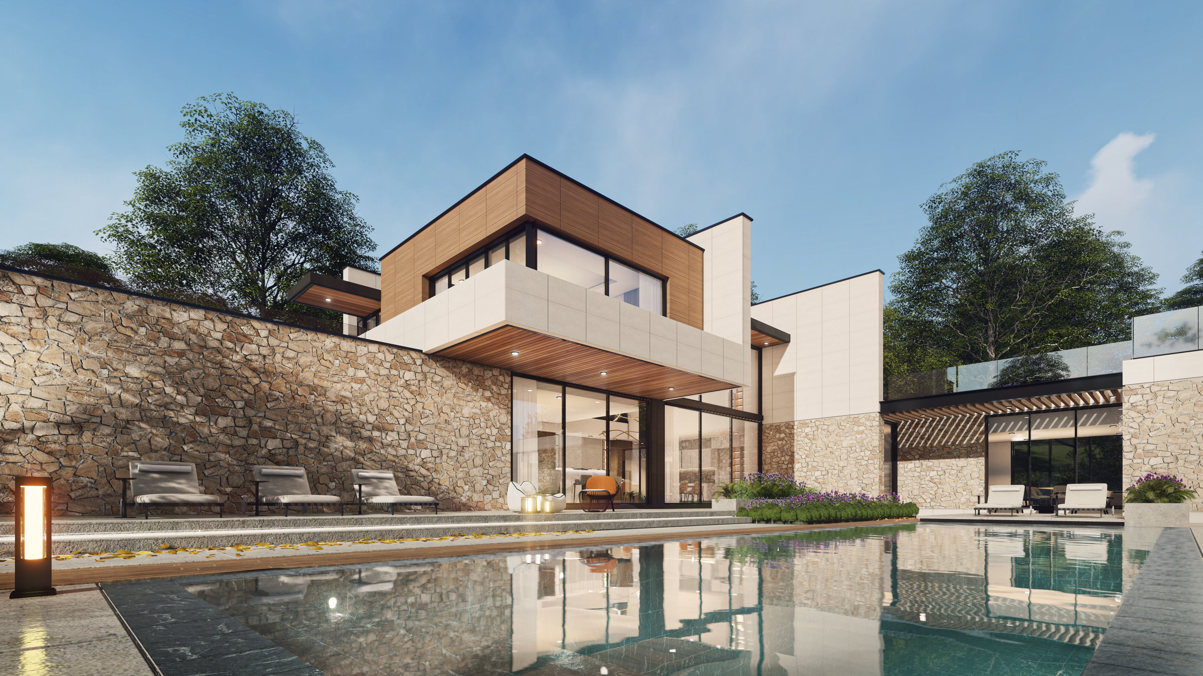 Modern Hill House Exterior Scene with kitchen bedroom furniture 3D ...