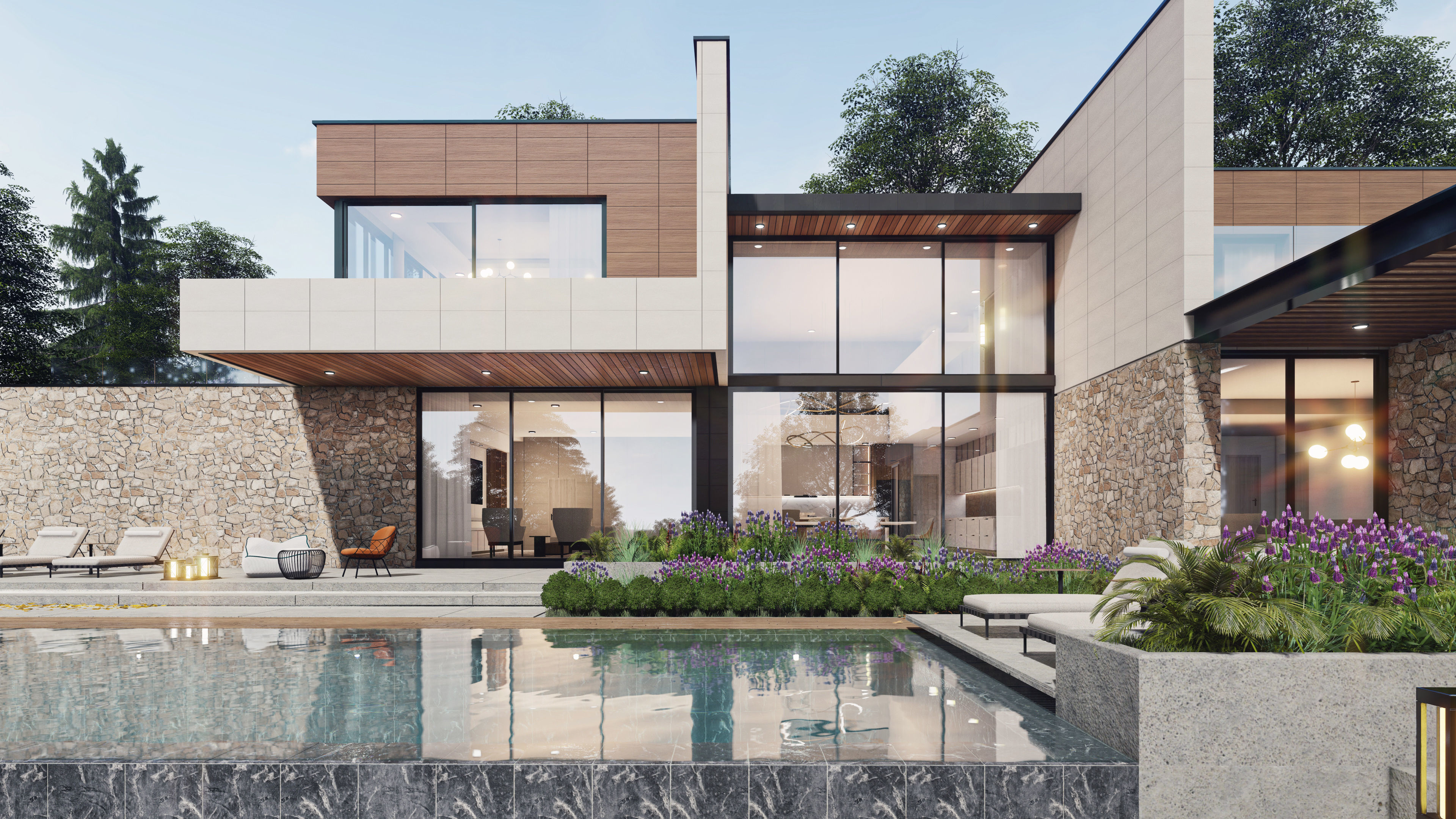 Modern Hill House Exterior Scene with kitchen bedroom furniture 3D ...