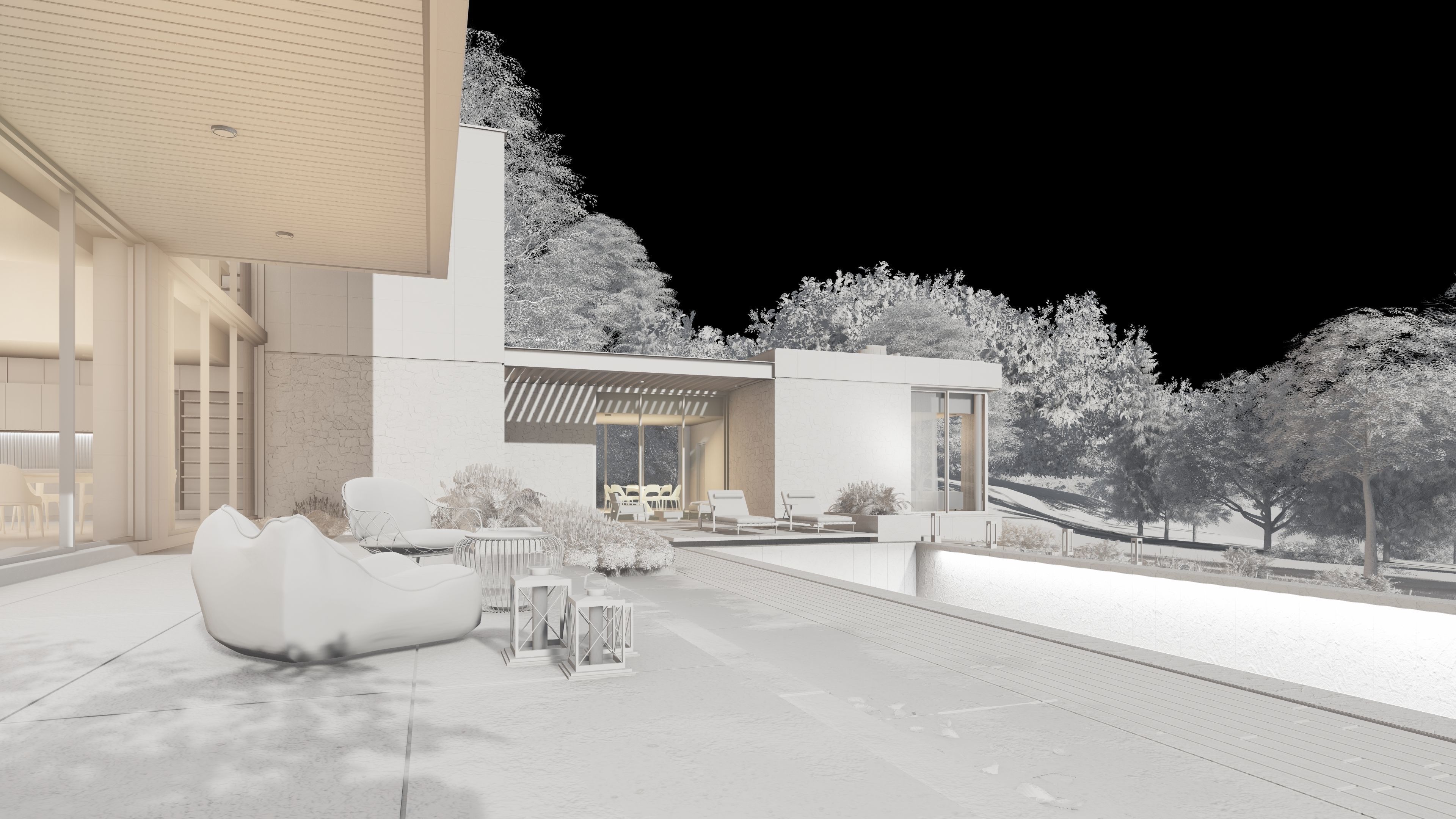 Modern Hill House Exterior Scene with kitchen bedroom furniture 3D ...