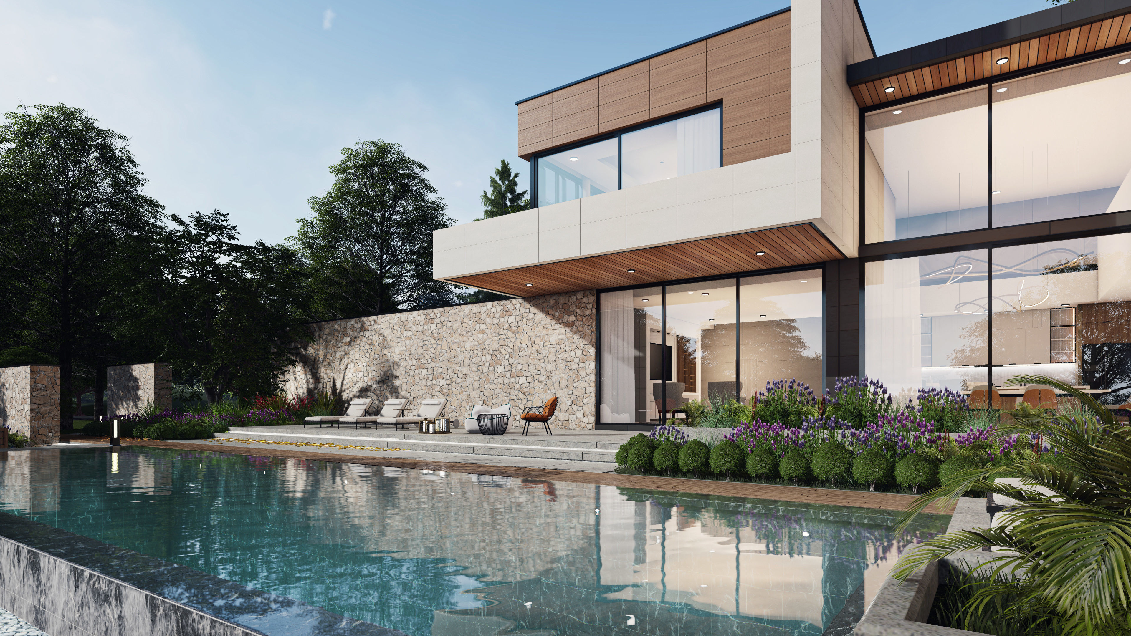 Modern Hill House Exterior Scene with kitchen bedroom furniture 3D ...