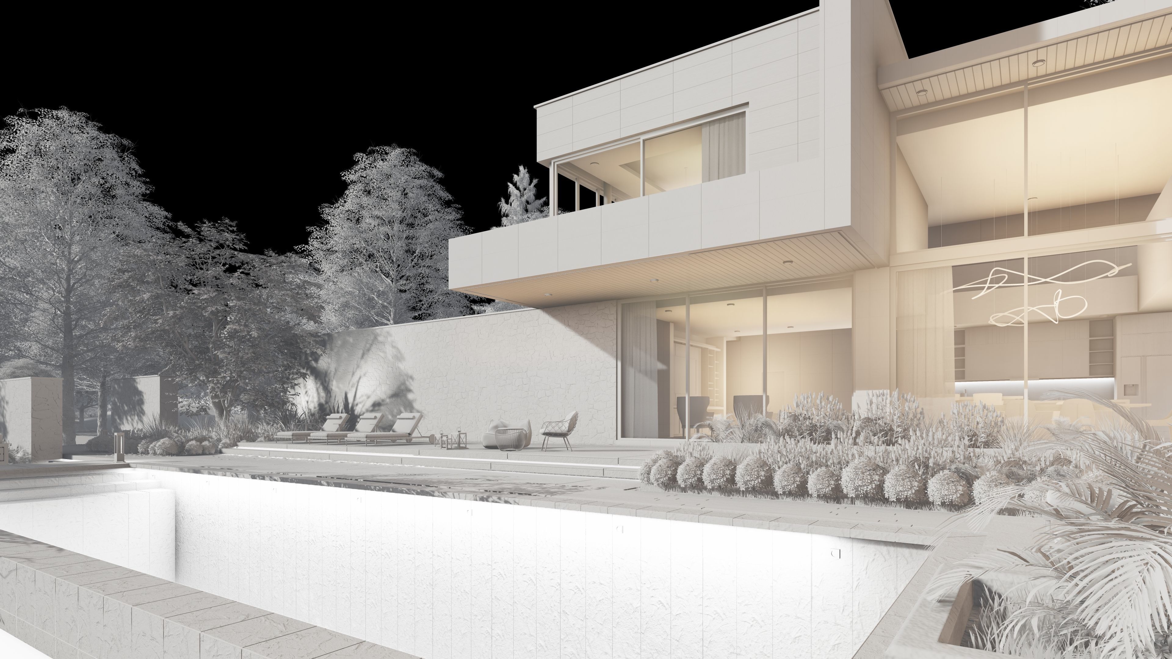 Modern Hill House Exterior Scene with kitchen bedroom furniture 3D ...