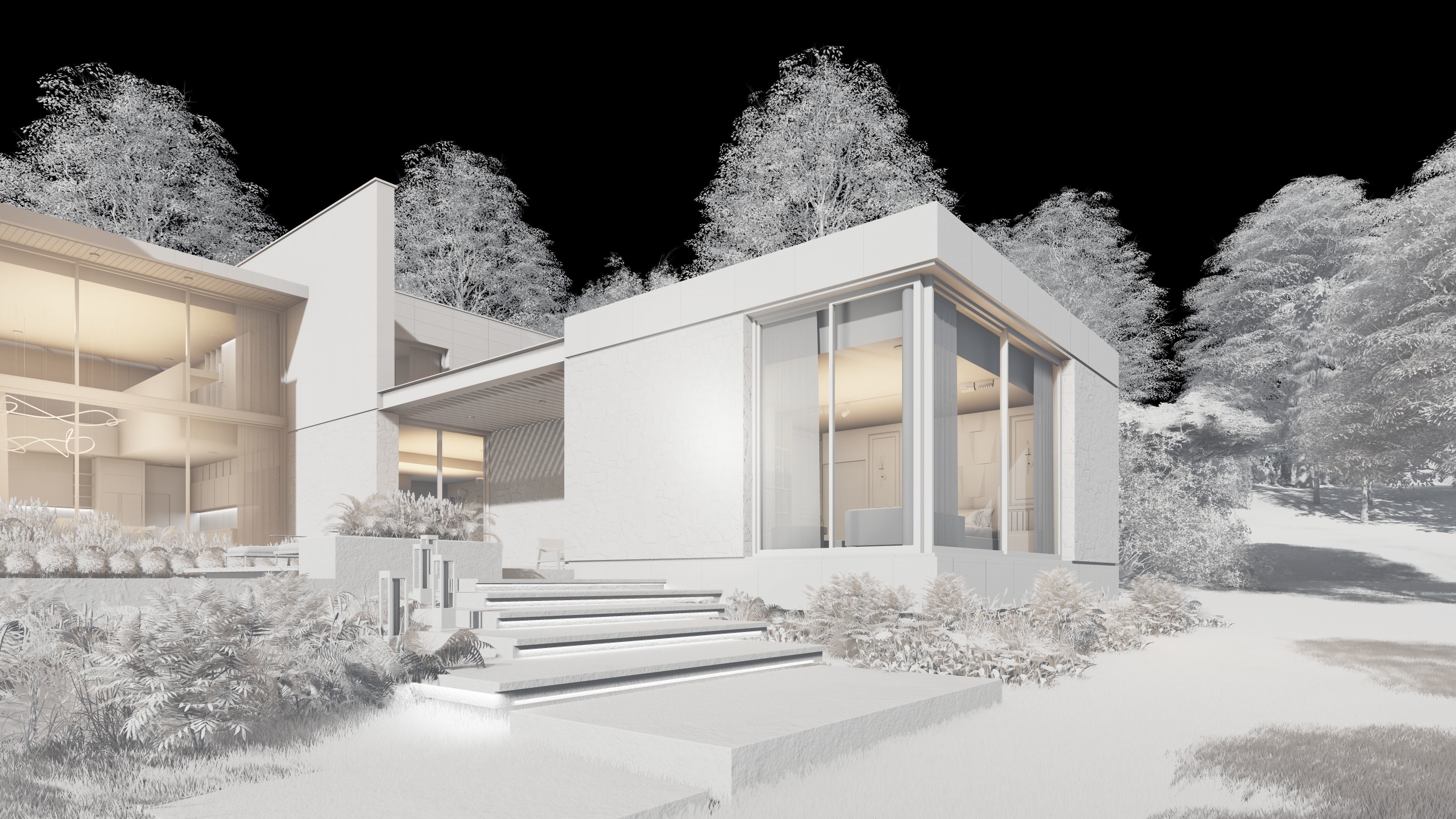 Modern Hill House Exterior Scene with kitchen bedroom furniture 3D ...