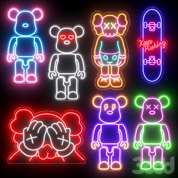 Kaws Bearbrick Skate Neon Signs 3D model | CGTrader