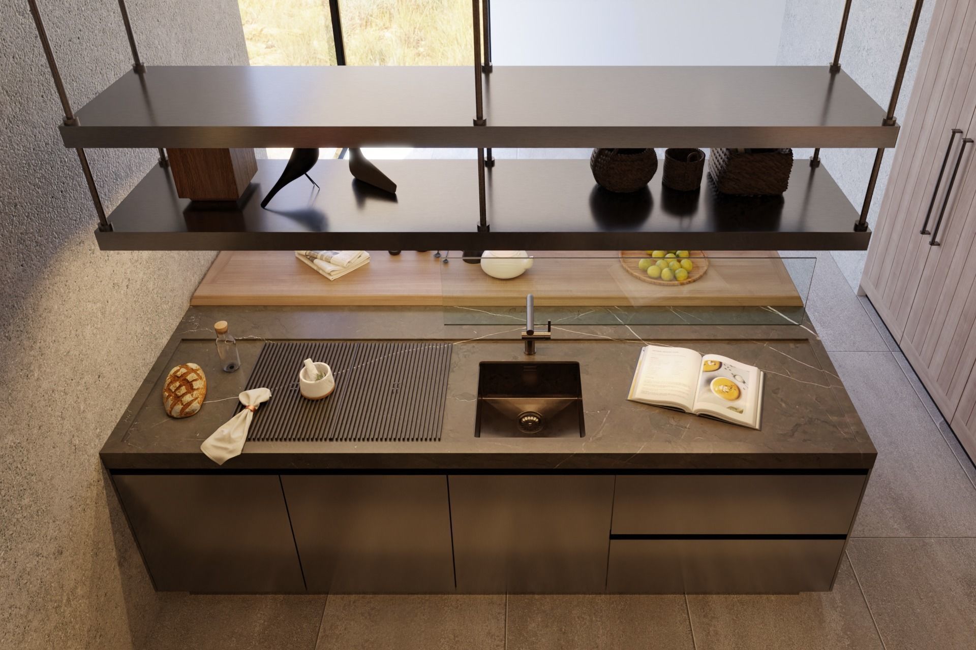 Arclinea - Principia Convivium - Timber Marble L-Shape Kitchen 3D model ...