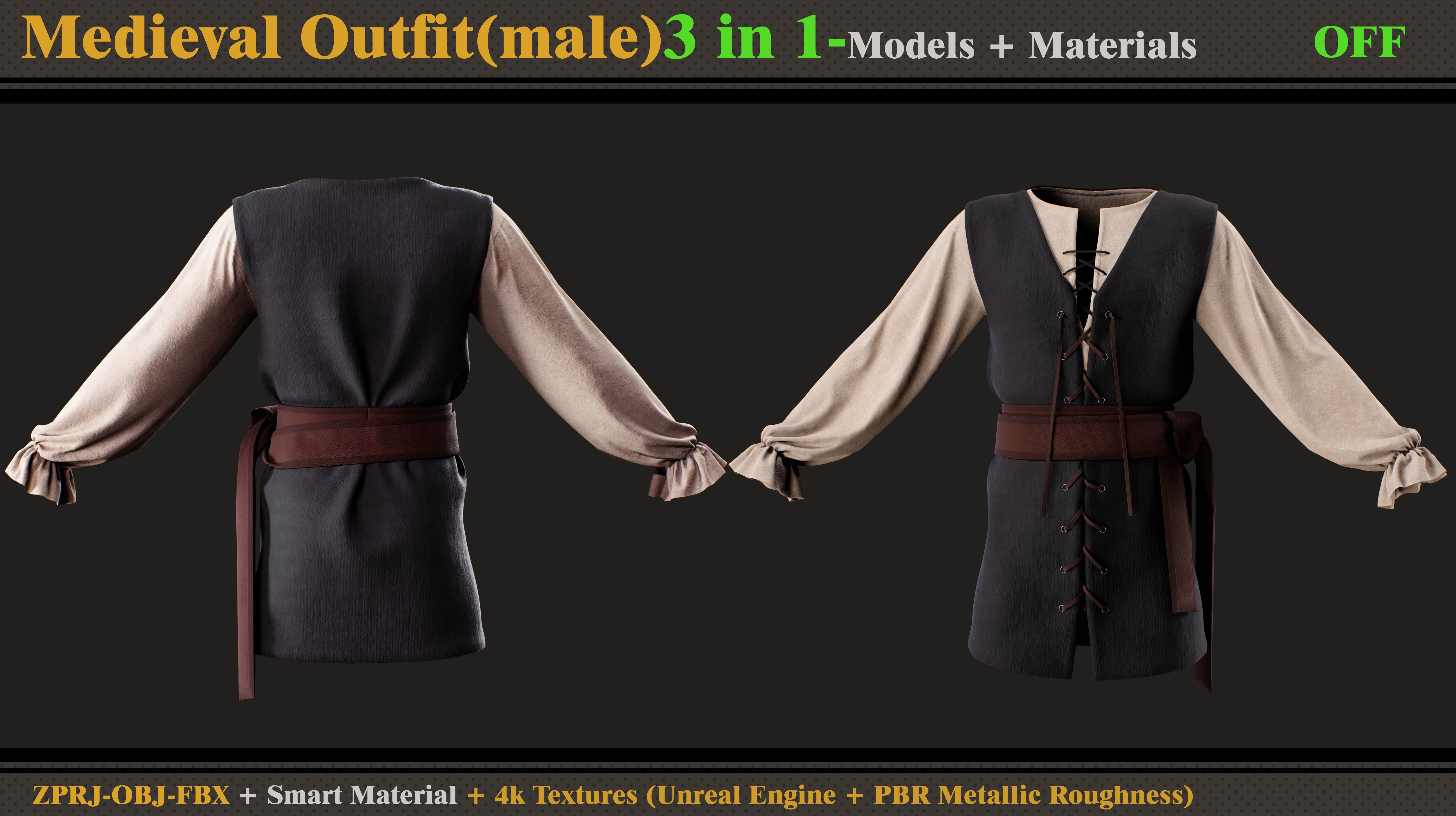 3 in 1 Medieval Outfit-MALE-MD-OBJ - FBX - Material - Textures 3D model ...