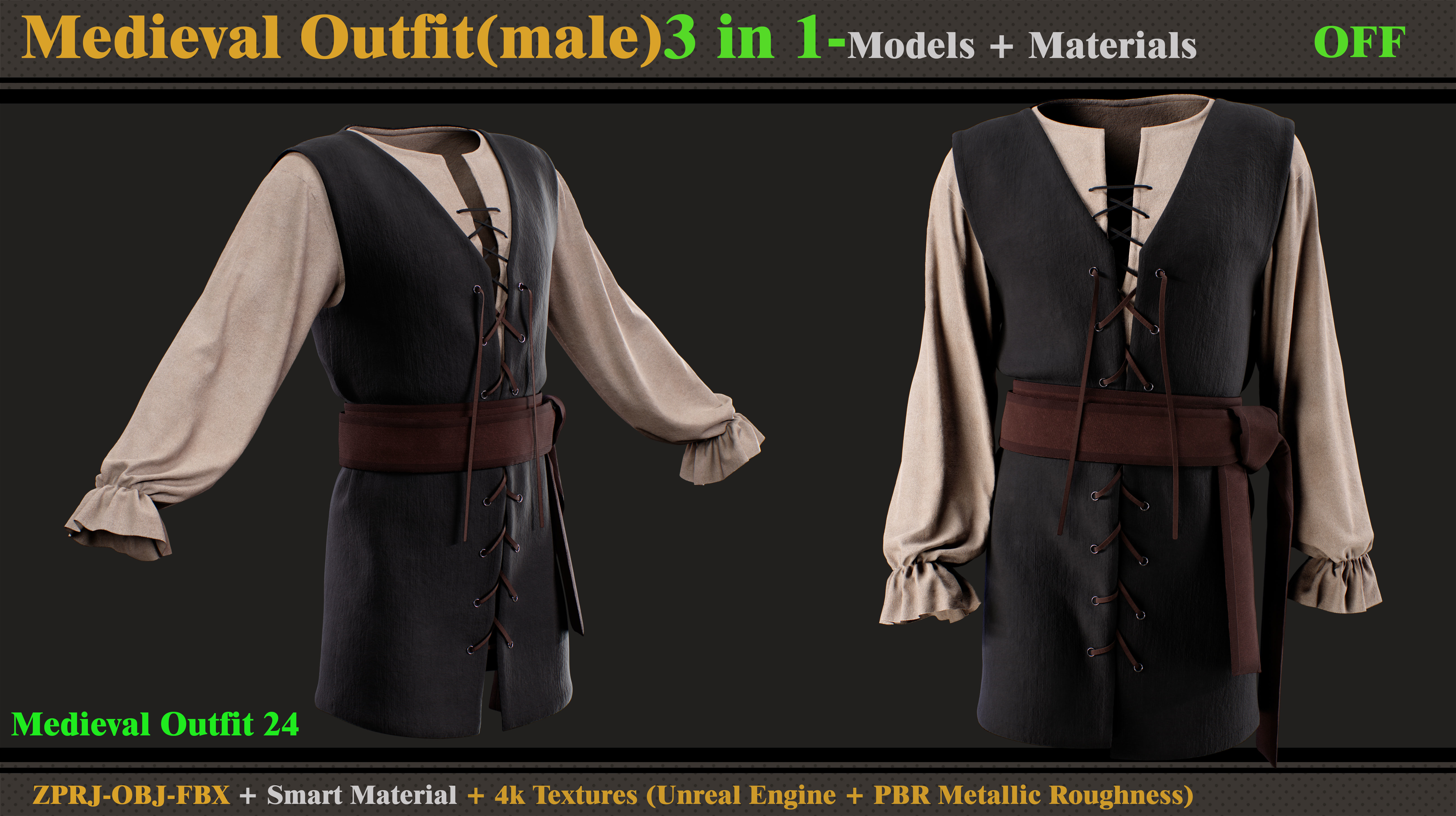 3 in 1 Medieval Outfit-MALE-MD-OBJ - FBX - Material - Textures 3D model ...