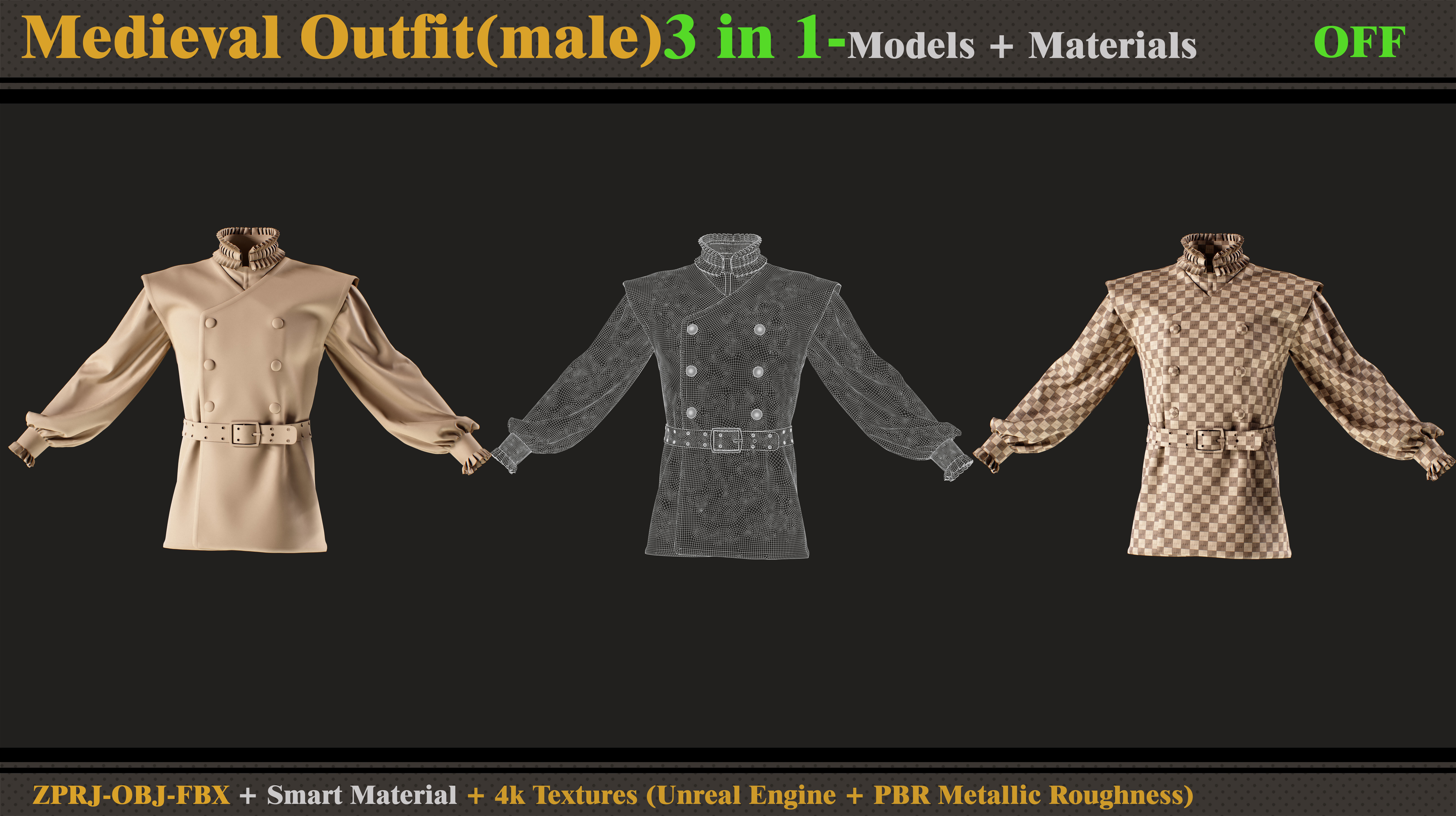 3 in 1 Medieval Outfit-MALE-MD-OBJ - FBX - Material - Textures 3D model ...