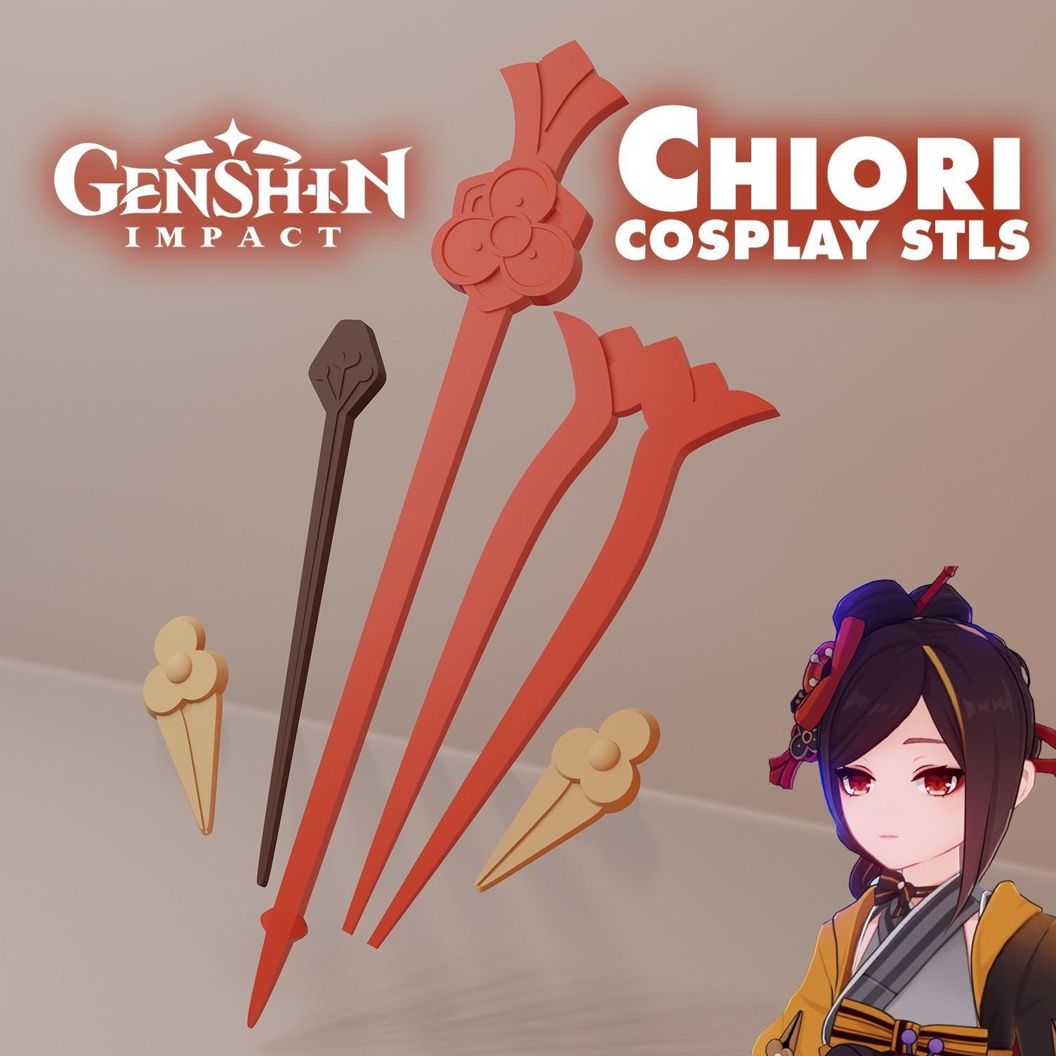 Genshin Impact Chiori Hair and Sleeve Accessories 3D model 3D printable ...