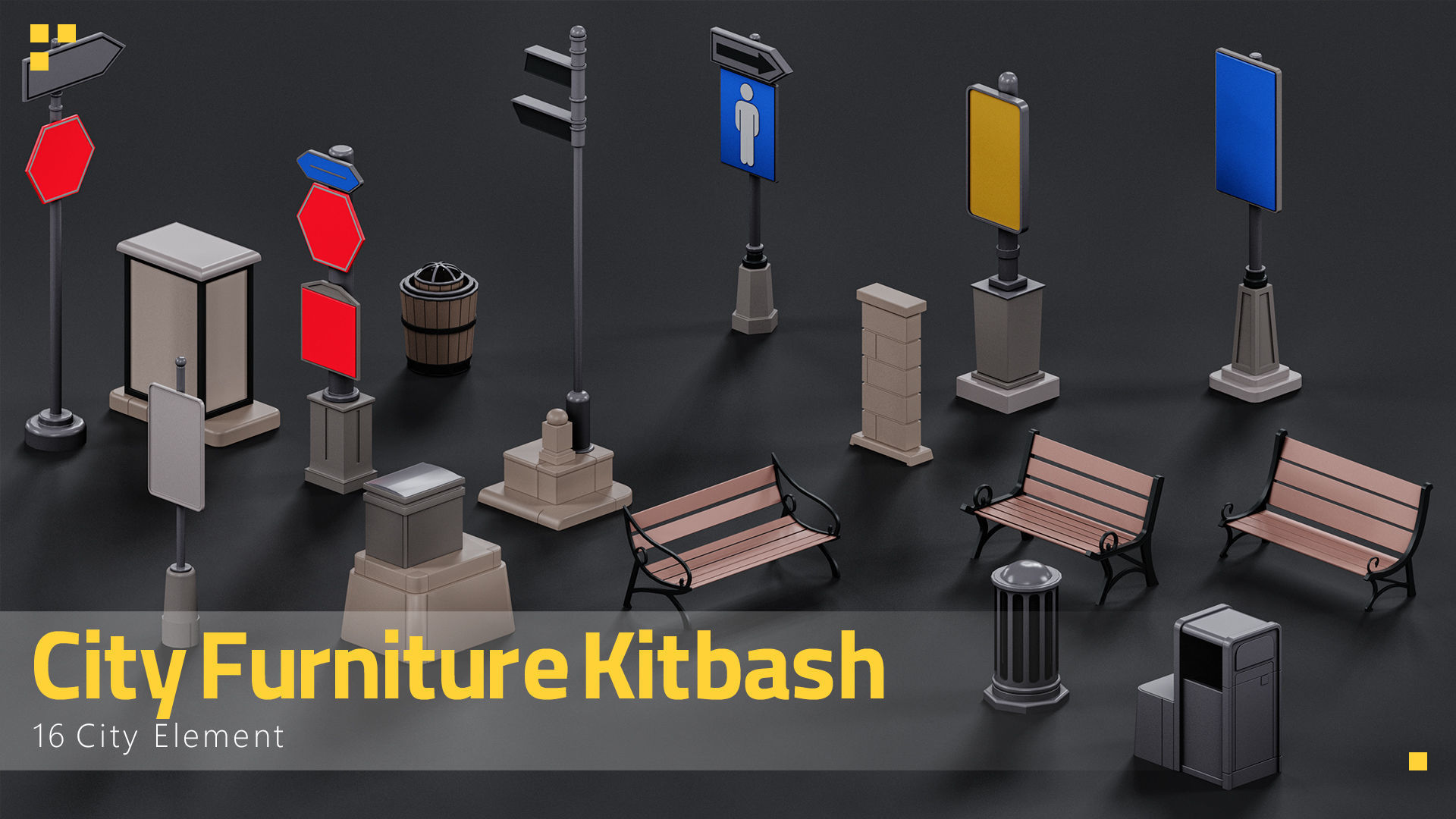 3D model 16 City Furniture - Kitbash VR / AR / low-poly | CGTrader