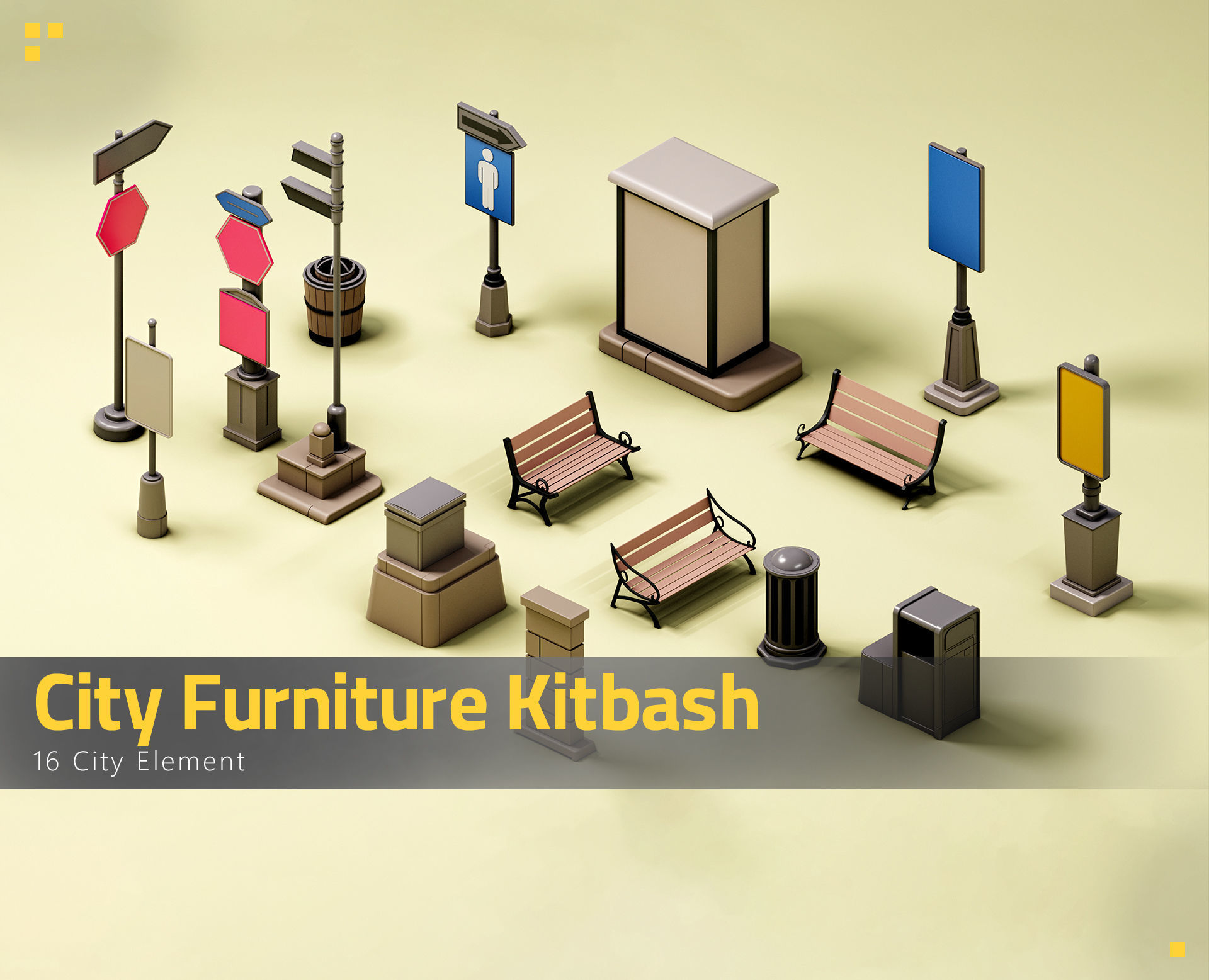 3D model 16 City Furniture - Kitbash VR / AR / low-poly | CGTrader