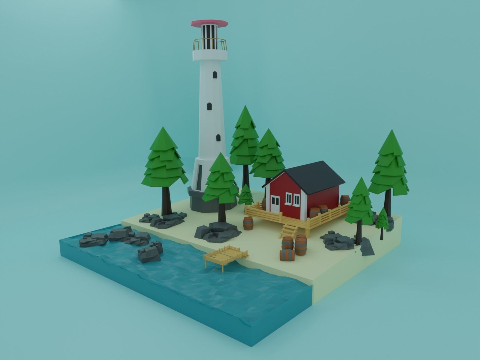 3D model Low poly beachside riverside lighthouse 3d model with ...