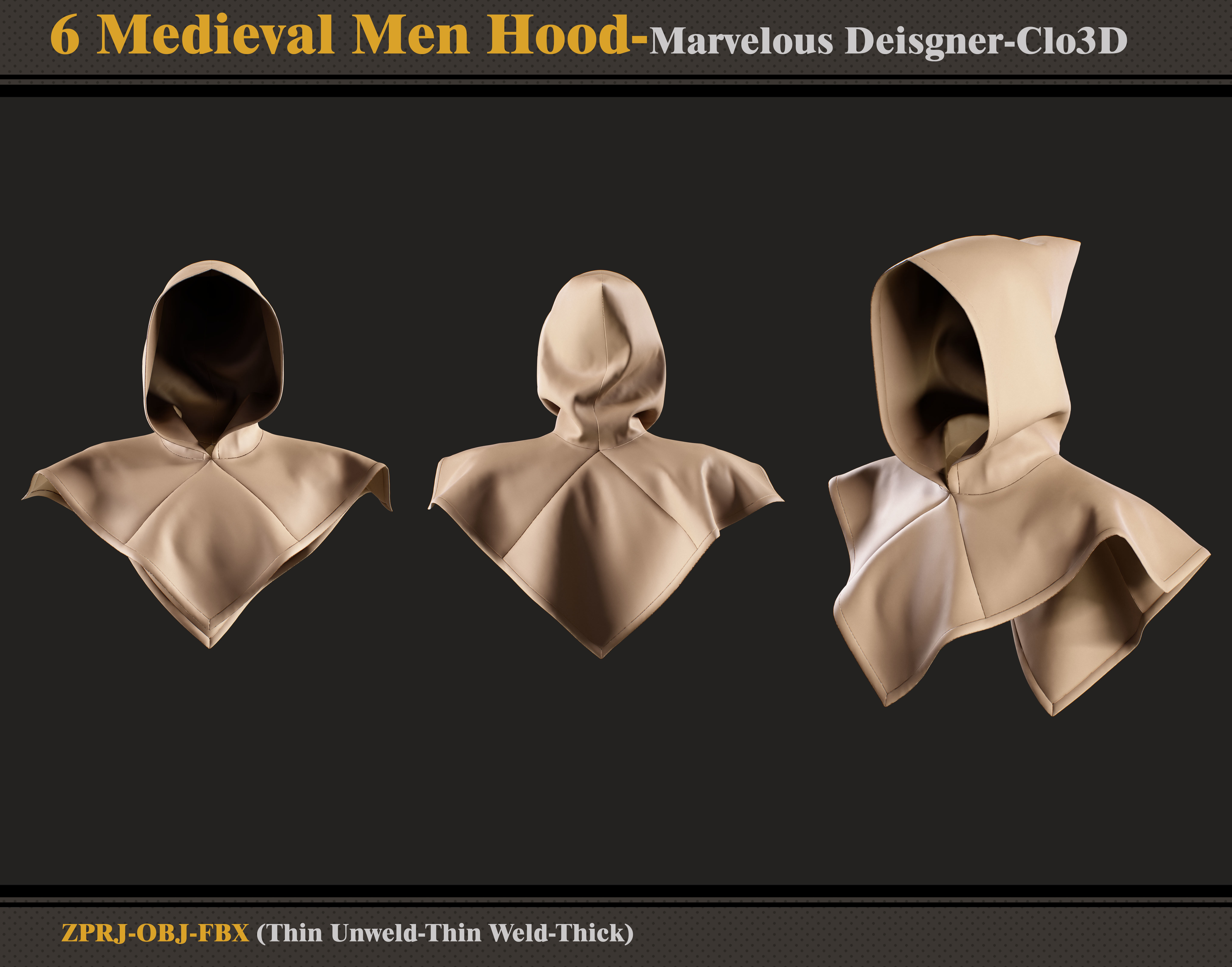 6 Medieval Men Hoods-MD-Clo3D-FBX - OBJ 3D model | CGTrader