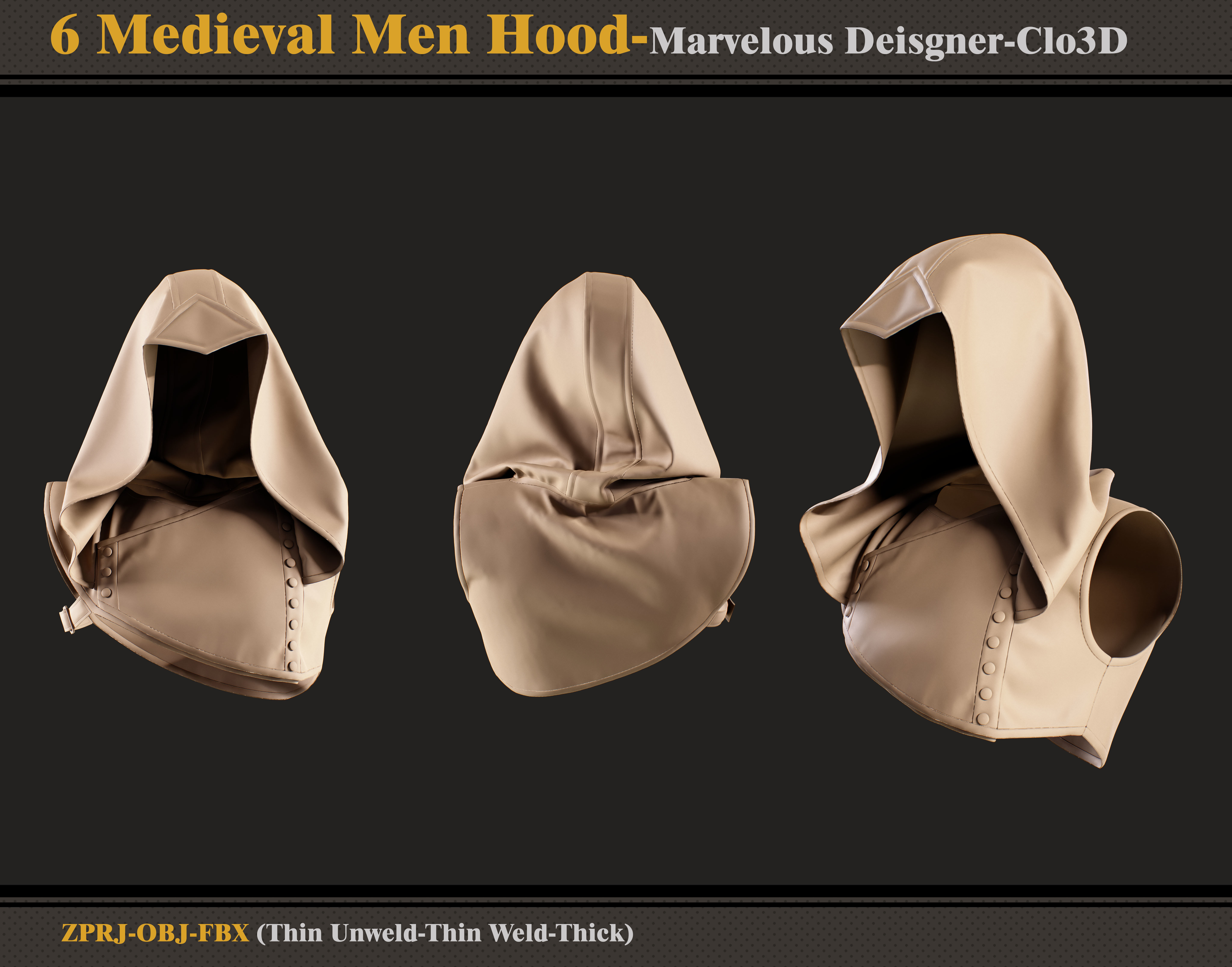 6 Medieval Men Hoods-MD-Clo3D-FBX - OBJ 3D model | CGTrader