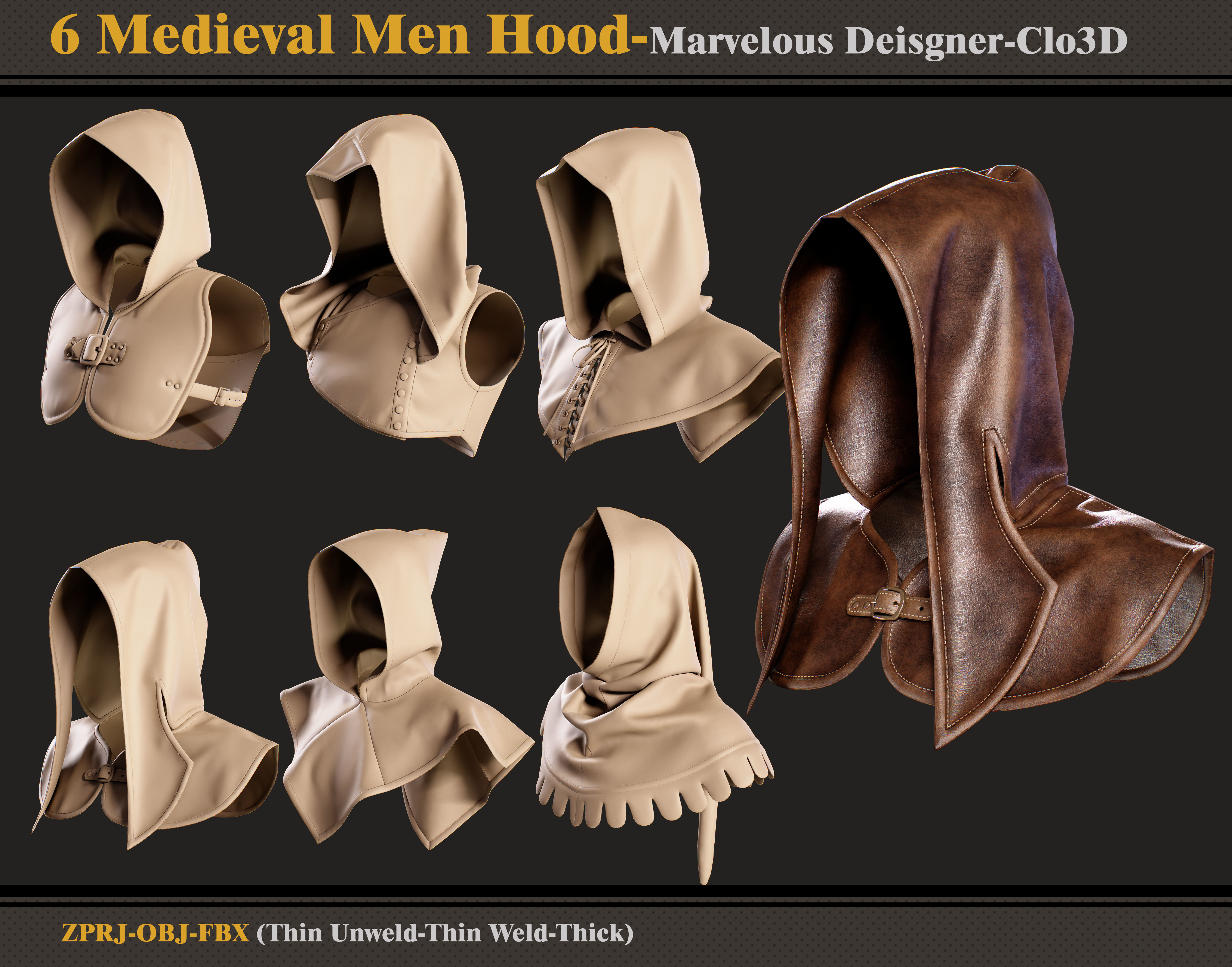 6 Medieval Men Hoods-MD-Clo3D-FBX - OBJ 3D model | CGTrader