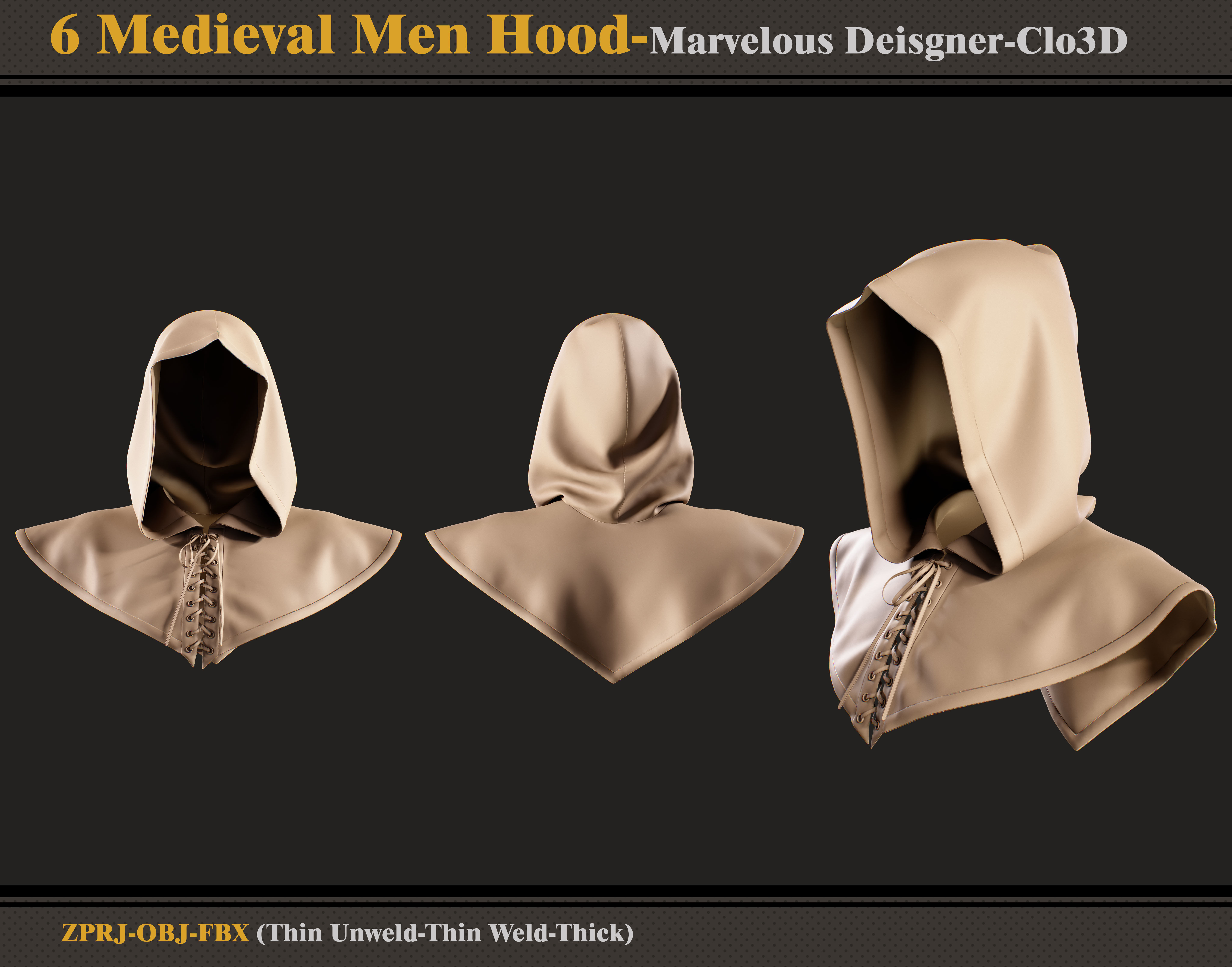 6 Medieval Men Hoods-MD-Clo3D-FBX - OBJ 3D model | CGTrader