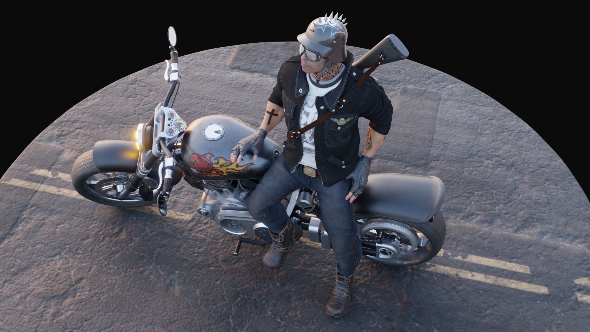 Biker on motorcycle with shotgun 3D model rigged | CGTrader