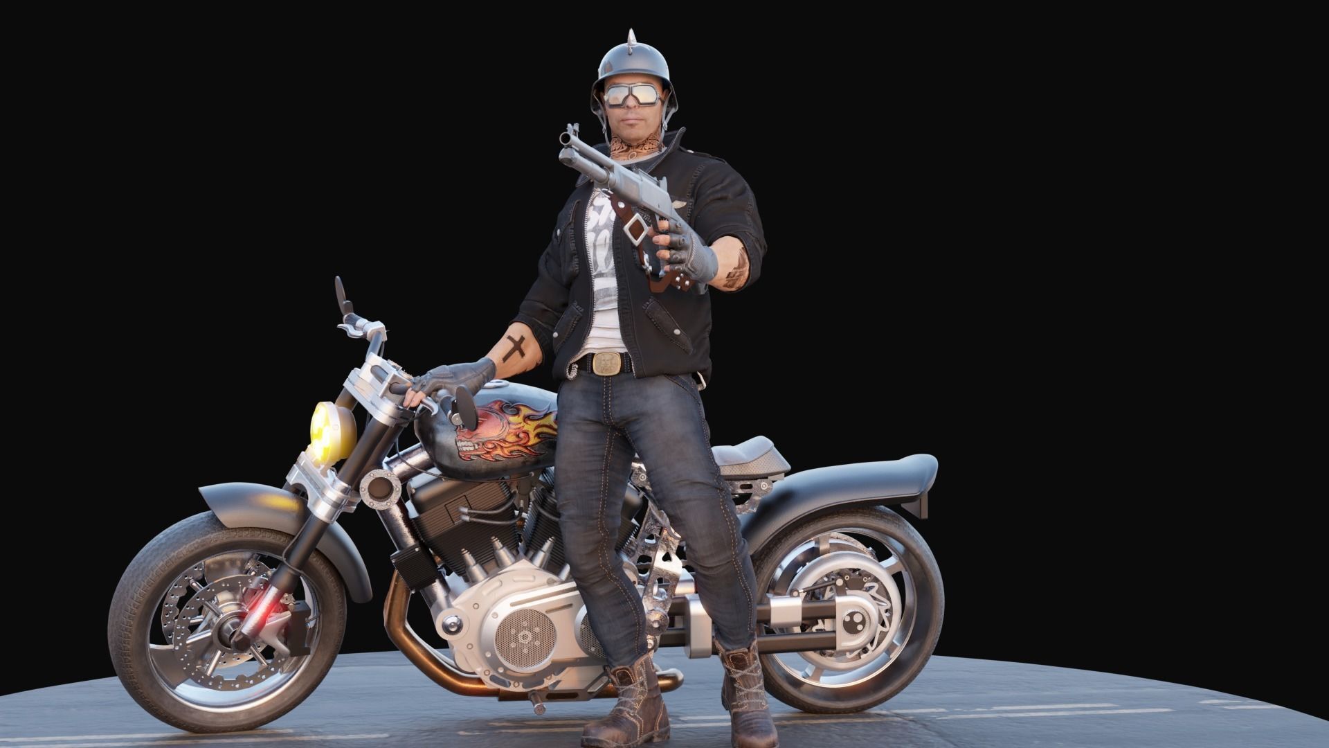 Biker on motorcycle with shotgun 3D model rigged | CGTrader