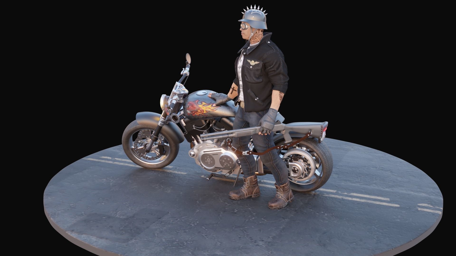 Biker on motorcycle with shotgun 3D model rigged | CGTrader